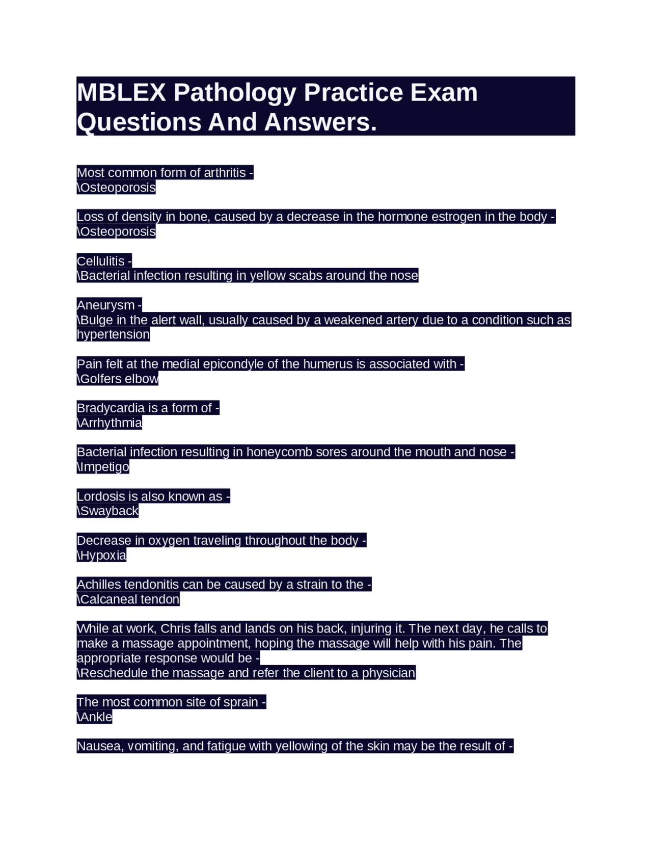 MBLEX Pathology Practice Exam Questions And Answers. | Exams Health ...