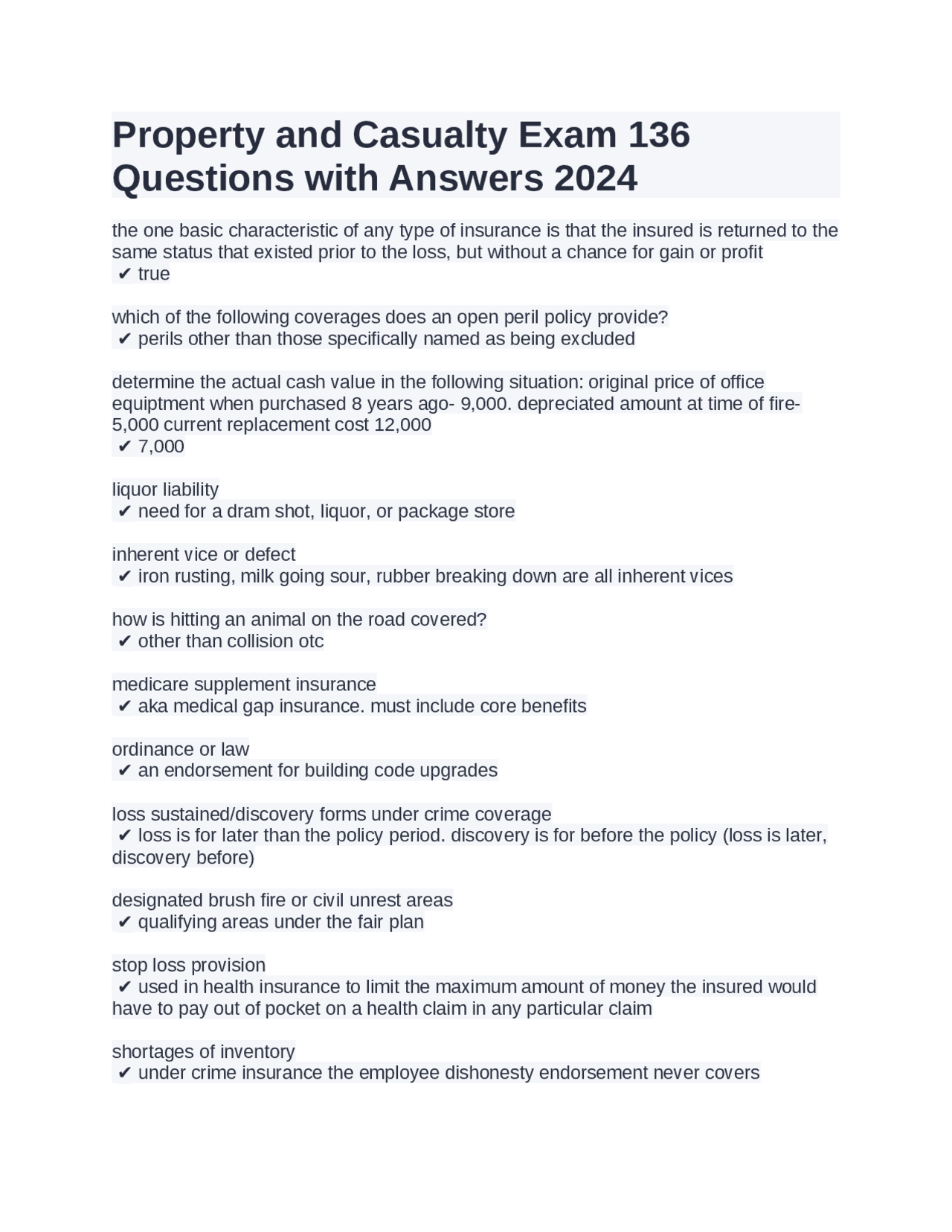 Property and Casualty Exam 136 Questions with Answers 2024 | Exams ...