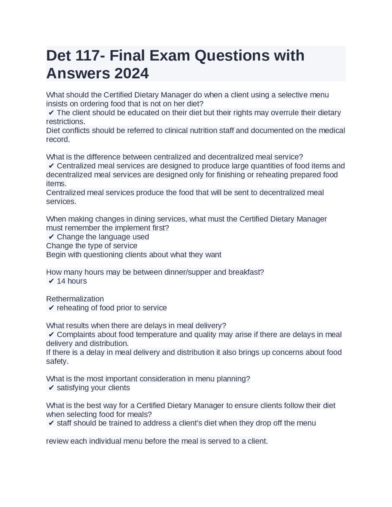 Det 117- Final Exam Questions with Answers 2024 | Exams Nutrition | Docsity