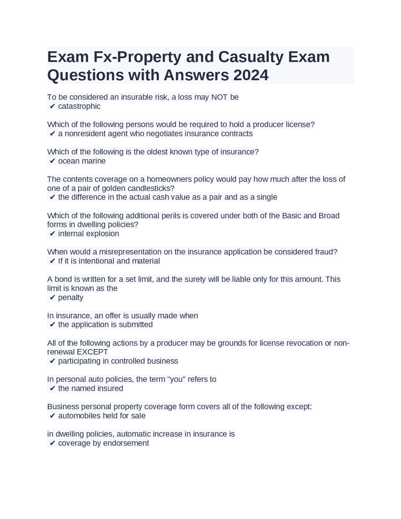 Exam Fx-Property and Casualty Exam Questions with Answers 2024 | Exams ...