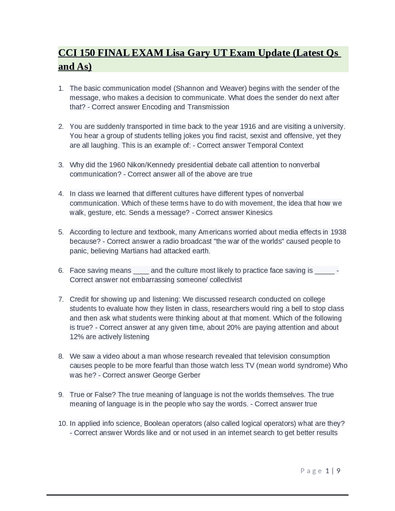 CCI 150 FINAL EXAM Lisa Gary UT Exam Update (Latest Qs and As) | Exams ...