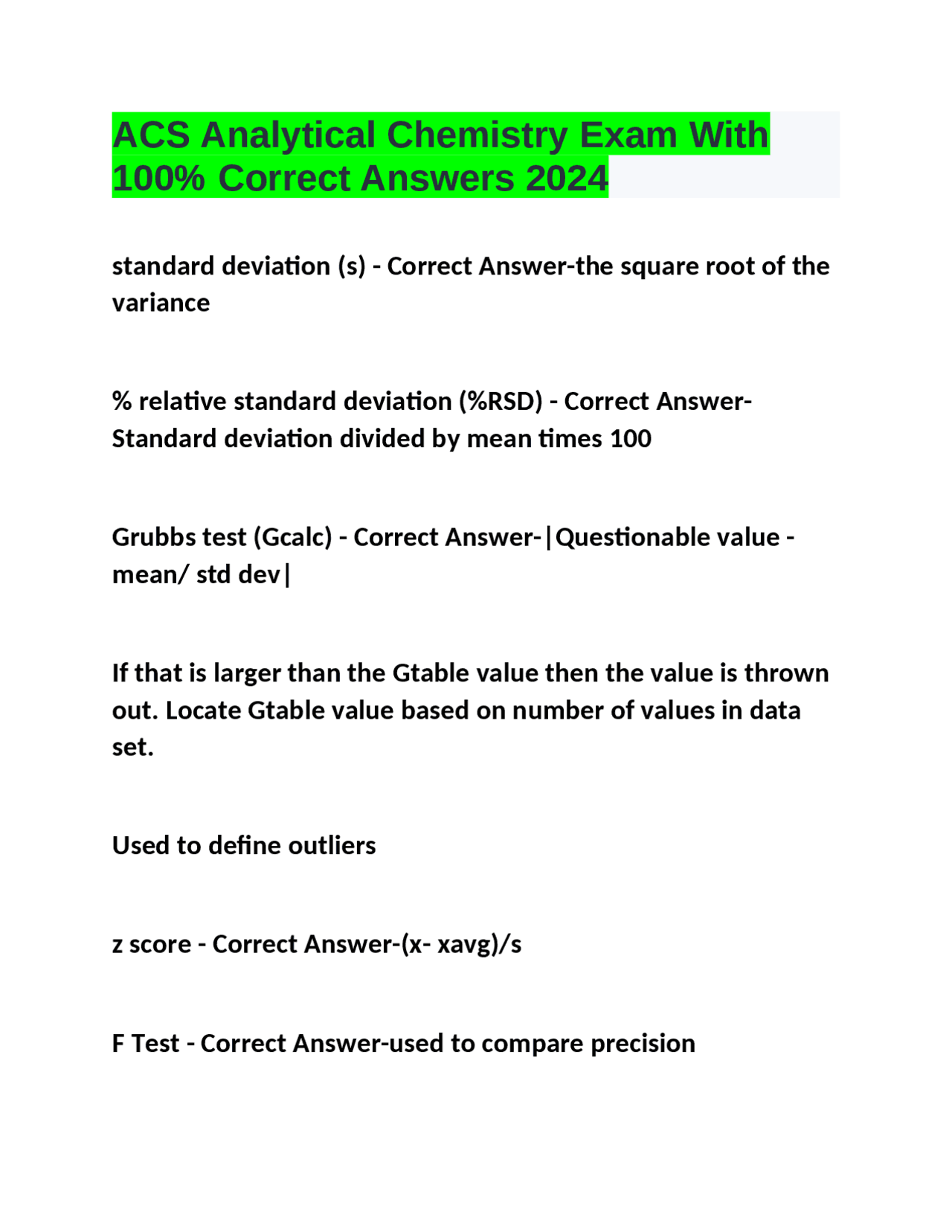 ACS Analytical Chemistry Exam With 100% Correct Answers 2024 | Exams ...