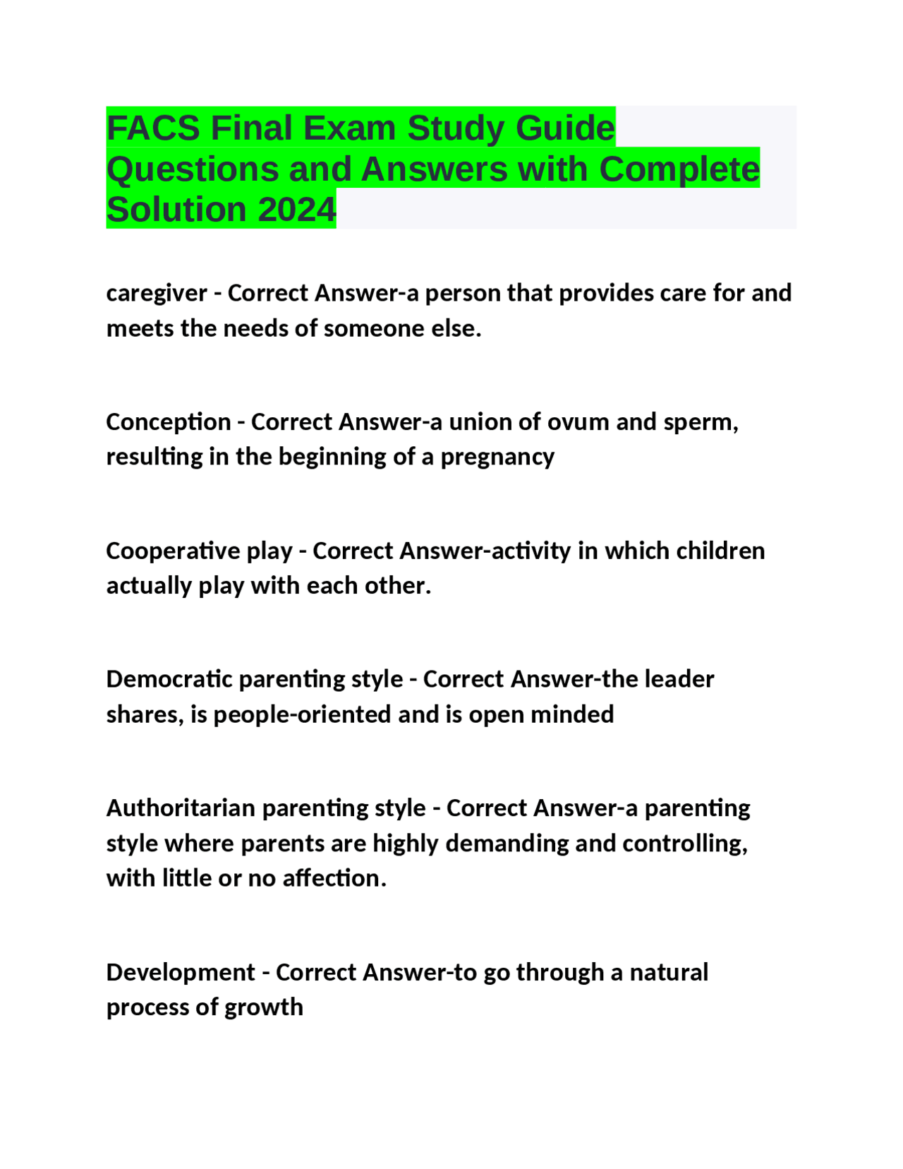 FACS Final Exam Study Guide Questions and Answers with Complete ...