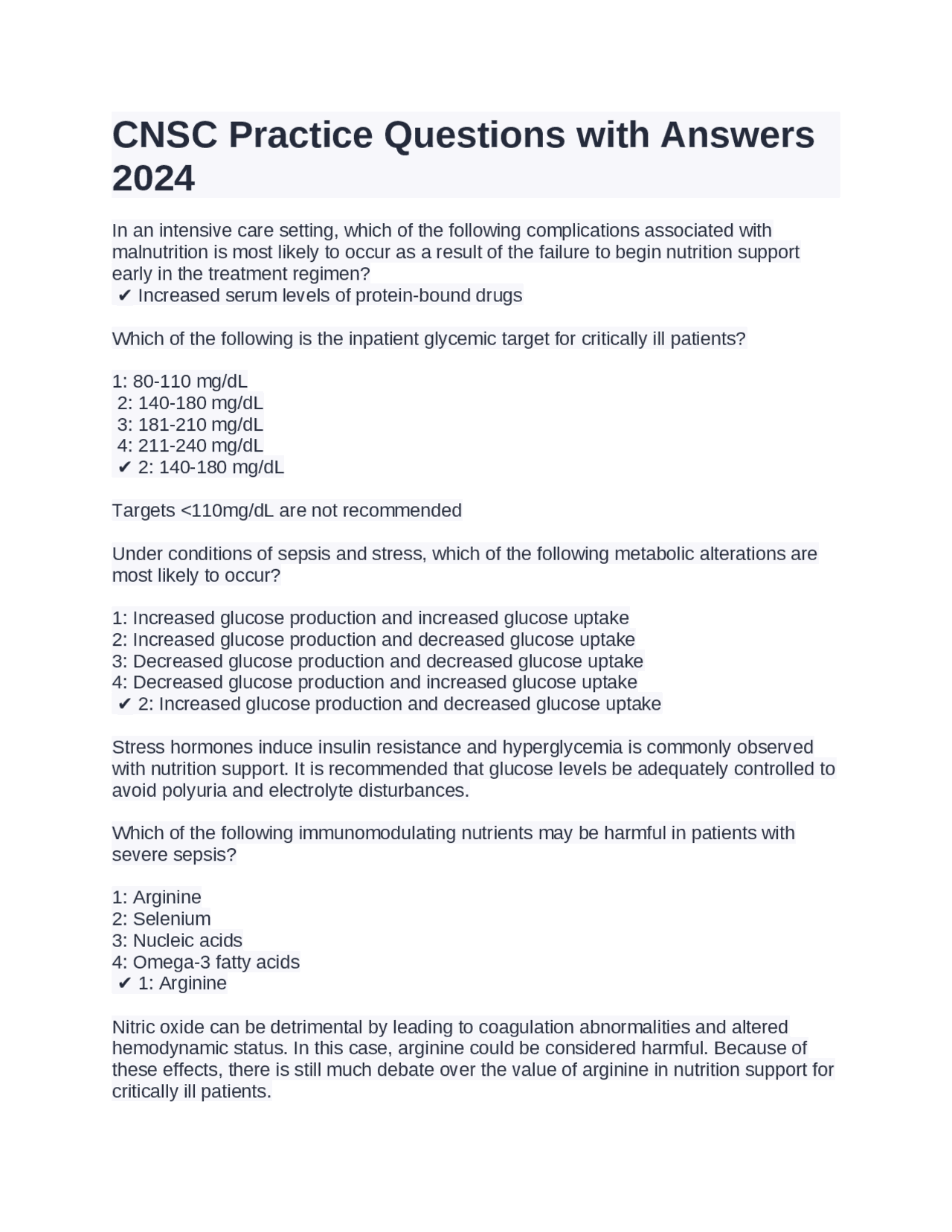 CNSC Practice Questions with Answers 2024 | Exams Nutrition | Docsity