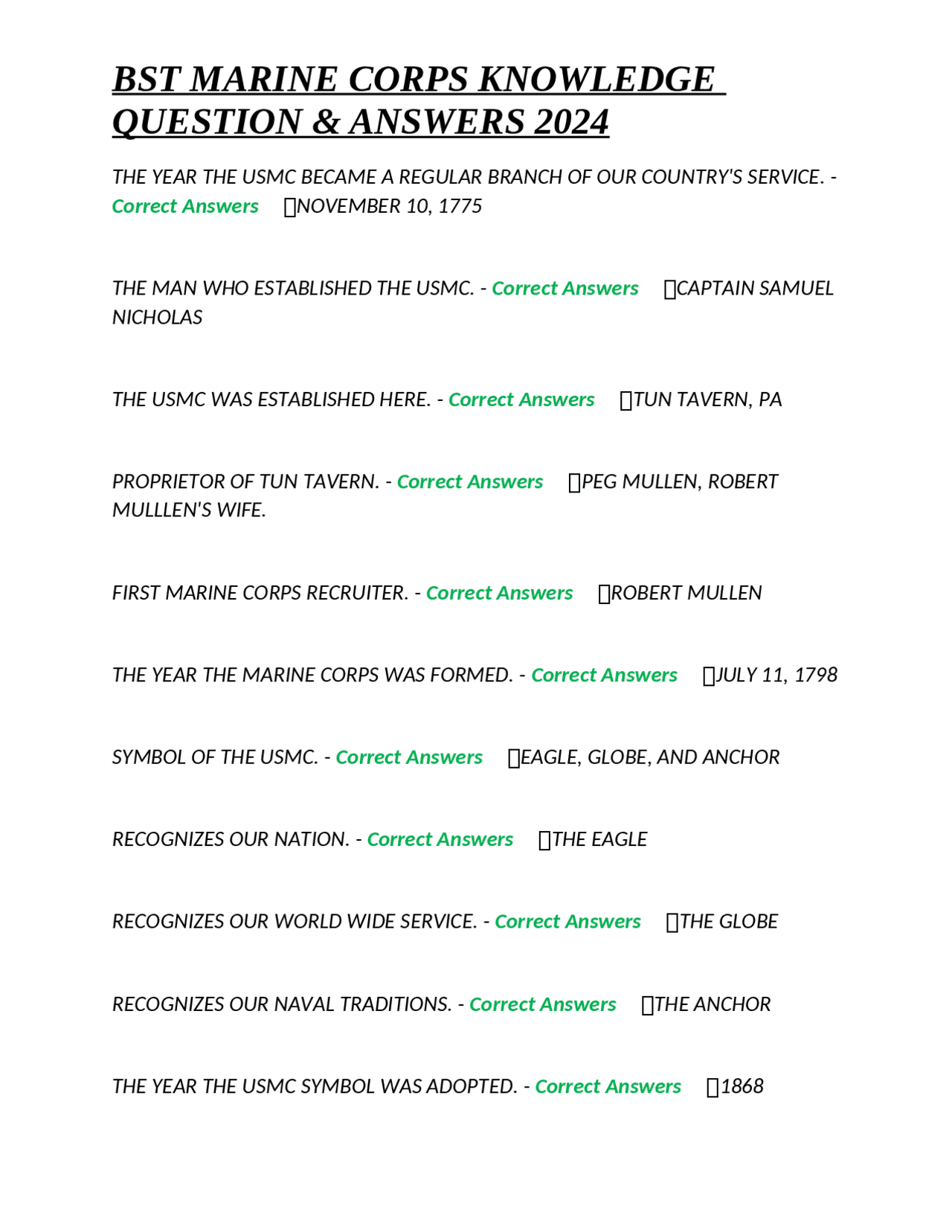 BST MARINE CORPS KNOWLEDGE QUESTION & ANSWERS 2024 | Exams Nursing ...