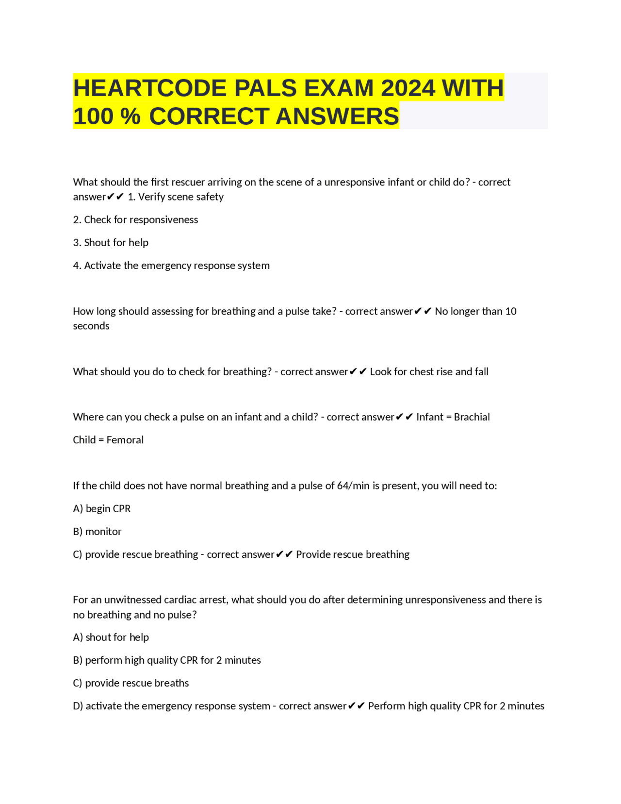 HEARTCODE PALS EXAM 2024 WITH 100 % CORRECT ANSWERS | Exams Nursing ...