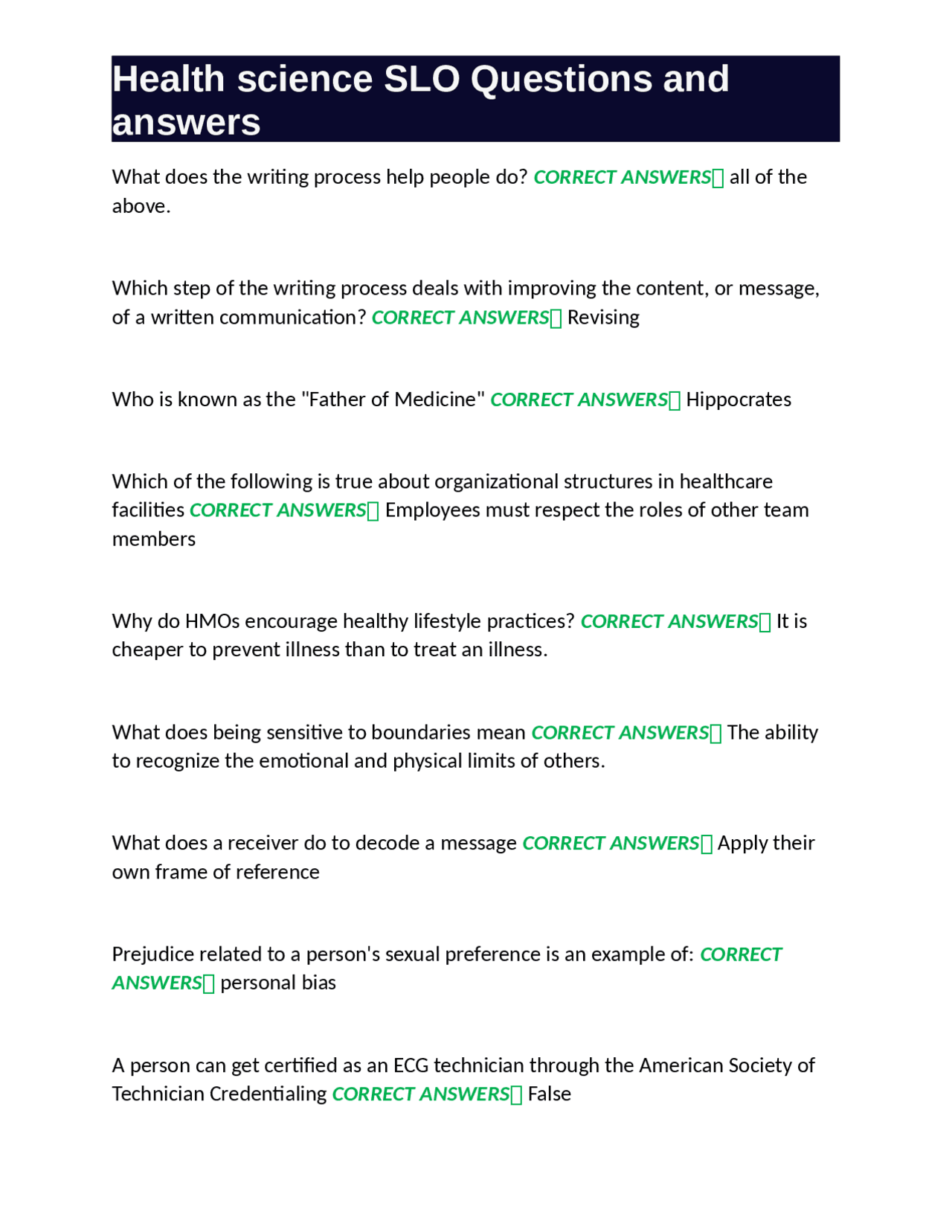 Health Science SLO Questions and Answers: Key Concepts in Healthcare ...