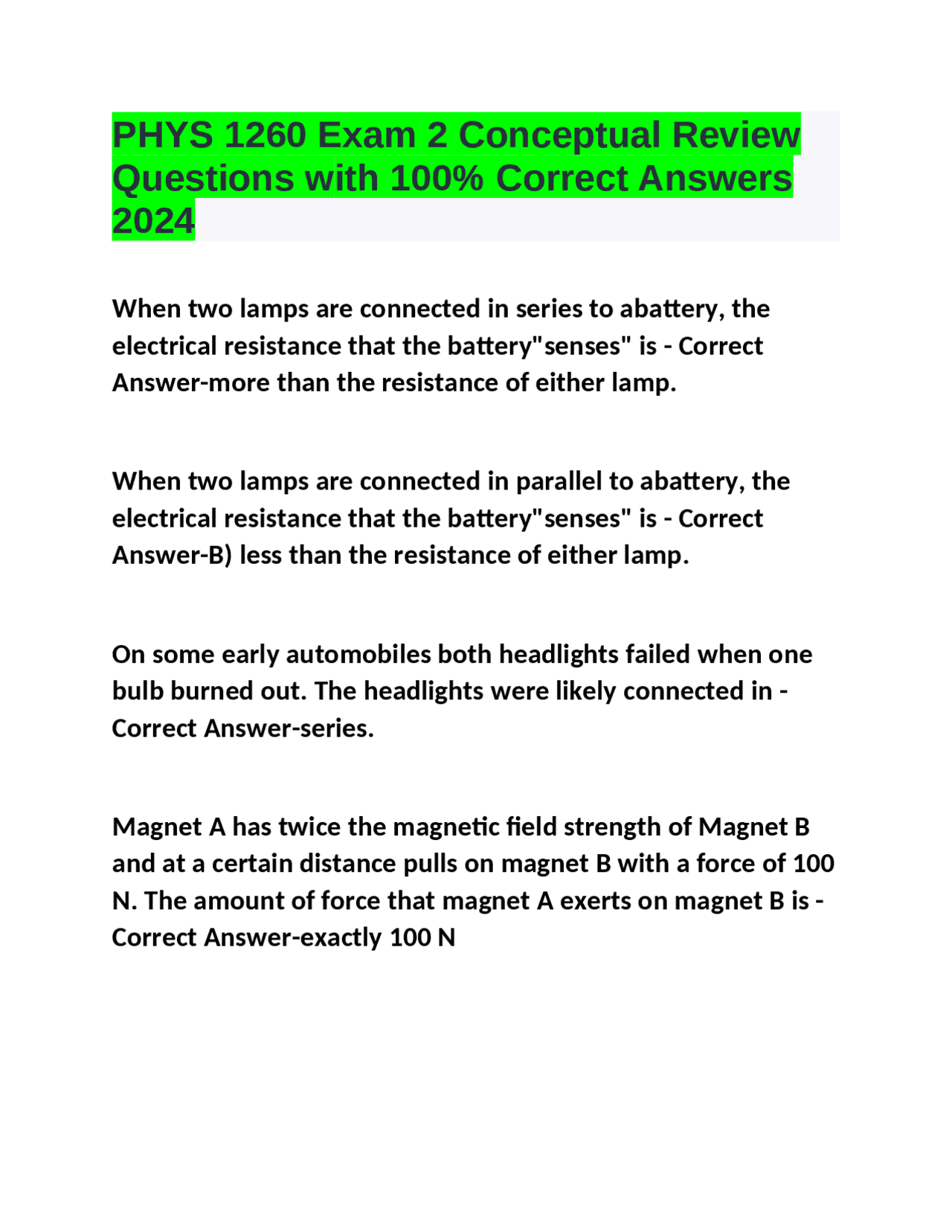 PHYS 1260 Exam 2 Conceptual Review Questions with 100% Correct Answers 2024 | Exams Physics ...