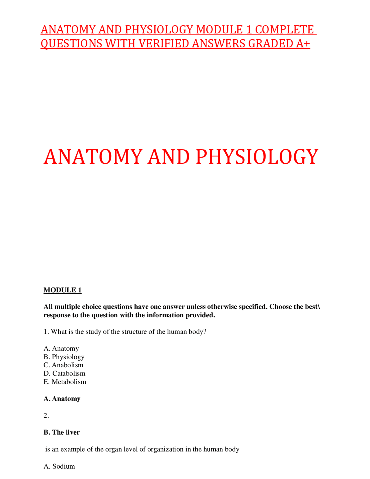 ANATOMY AND PHYSIOLOGY MODULE 1 COMPLETE QUESTIONS WITH VERIFIED ...