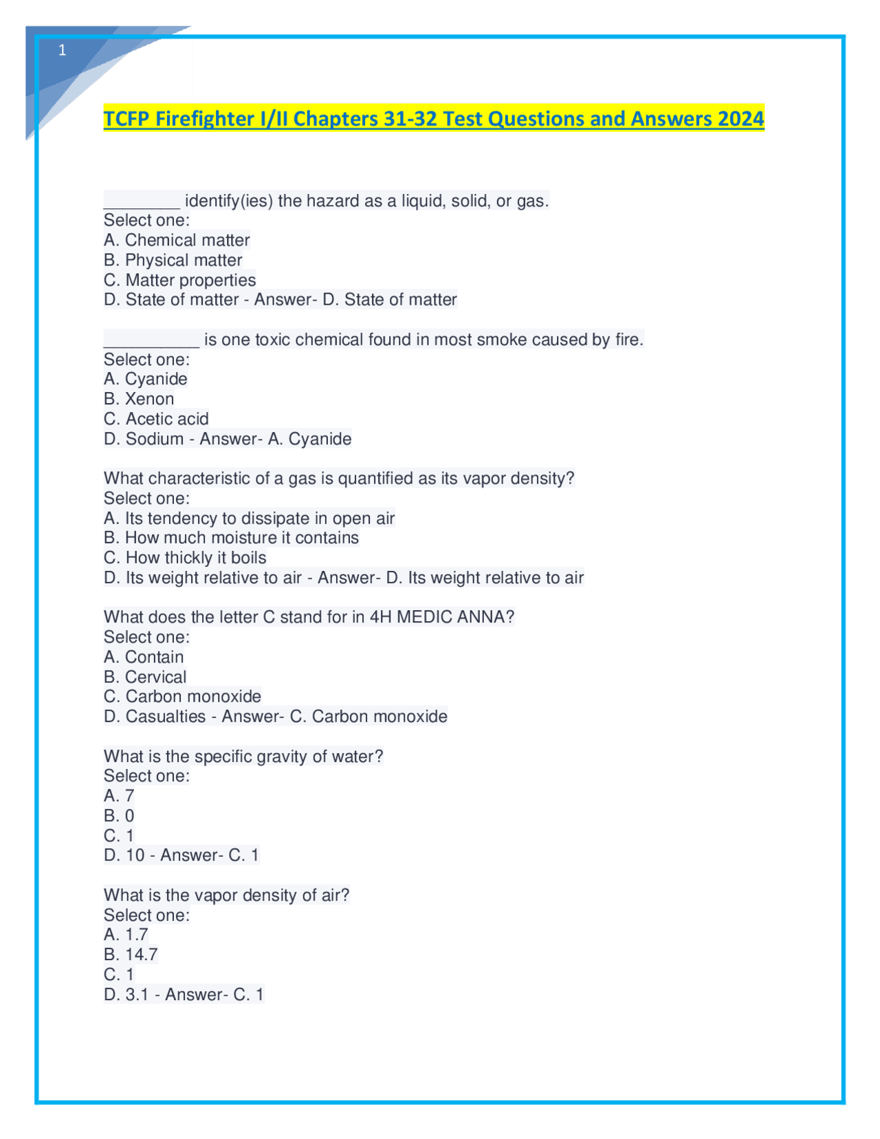 TCFP Firefighter I/II Chapters 31-32 Test Questions and Answers 2024 ...
