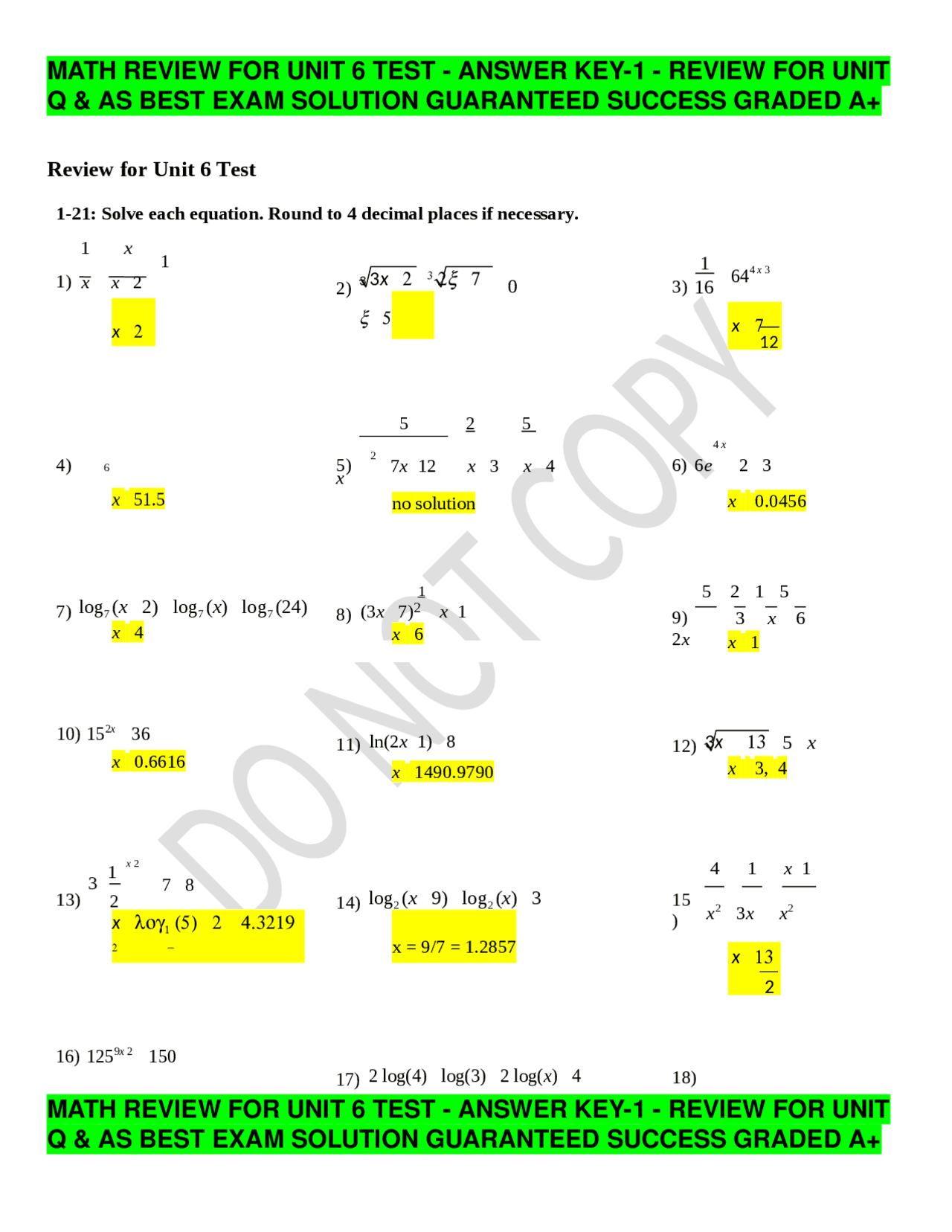 Math Review for Unit 6 Test - Answer Key | Exams Nursing | Docsity