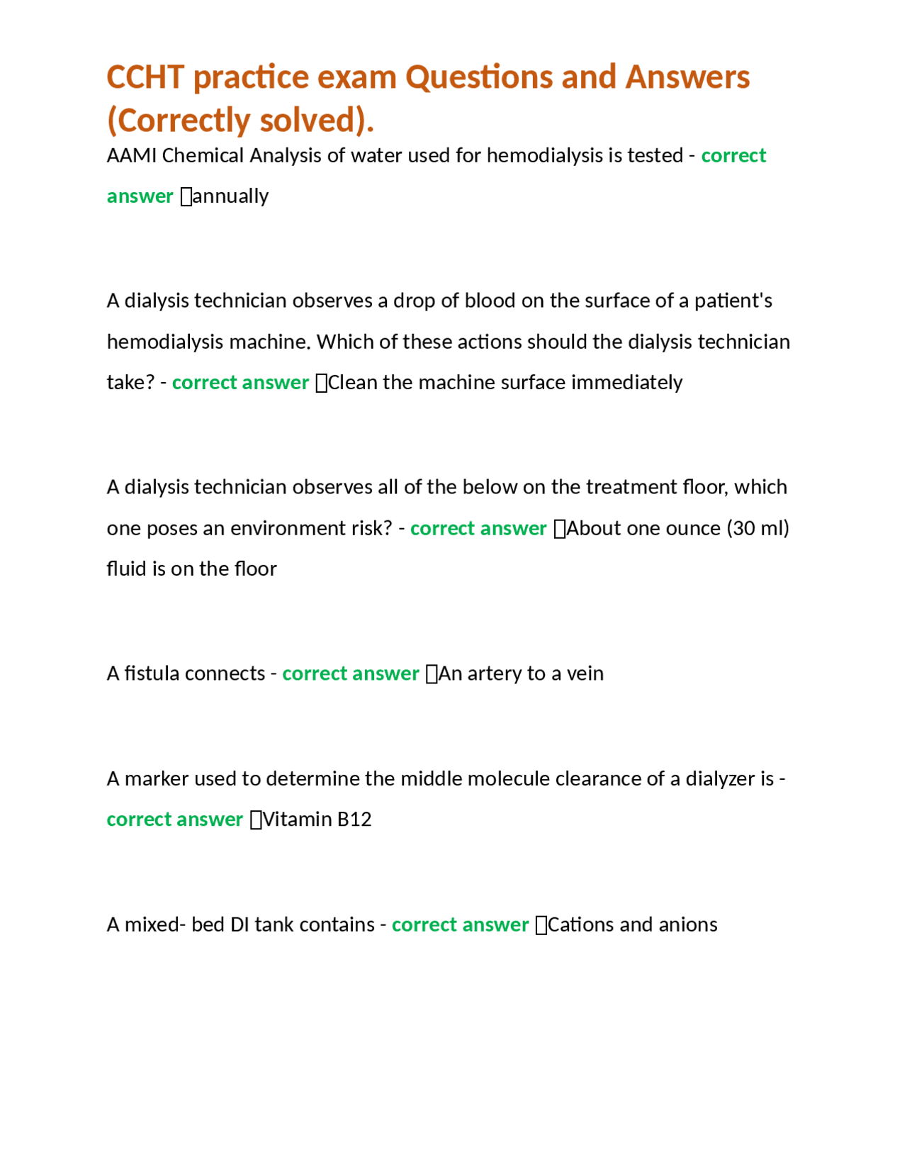 CCHT Practice Exam Questions and Answers for Hemodialysis Technician ...
