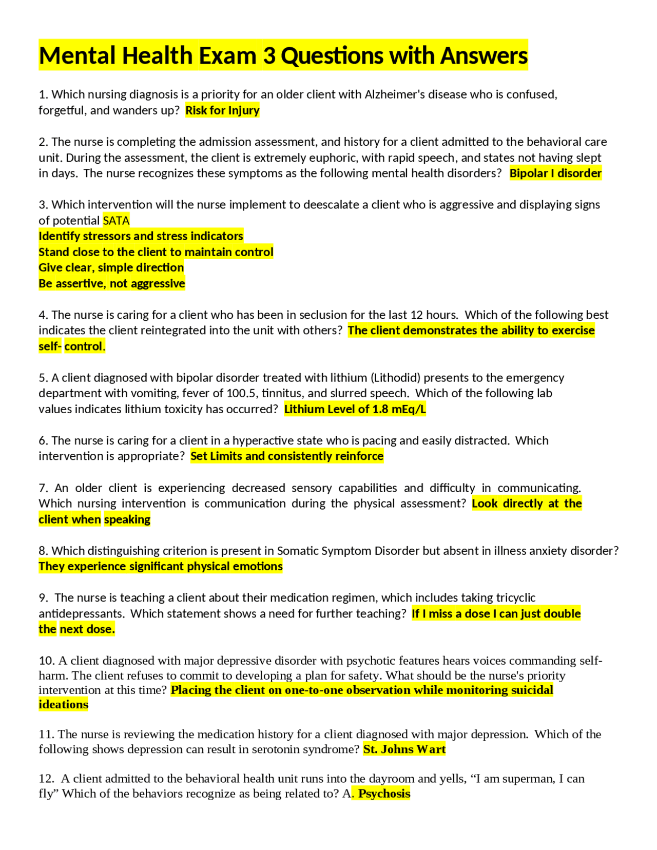 Mental Health Exam 3 Questions with Answers | Exams Psychiatry | Docsity