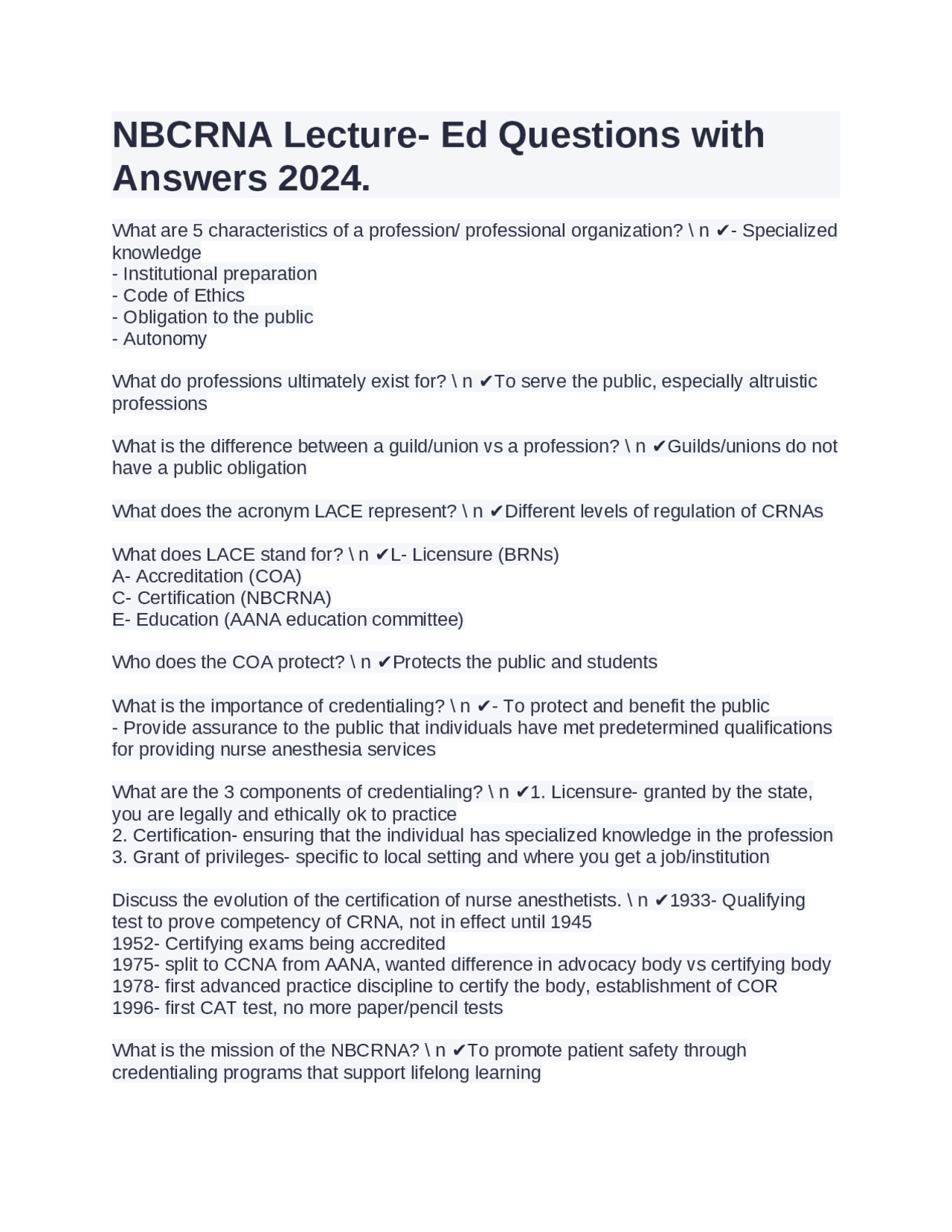 NBCRNA Lecture- Ed Questions with Answers 2024. | Exams Nursing | Docsity