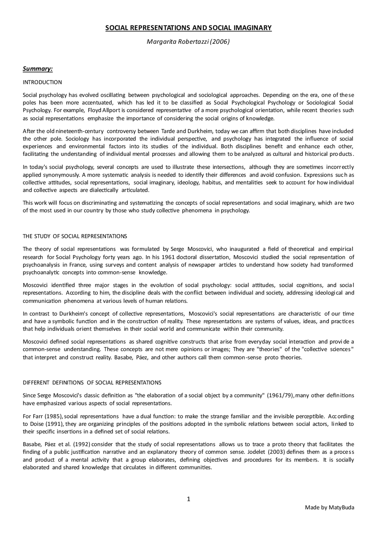 Summary of 'Social Representations and Social Imaginary' by Robertazzi ...