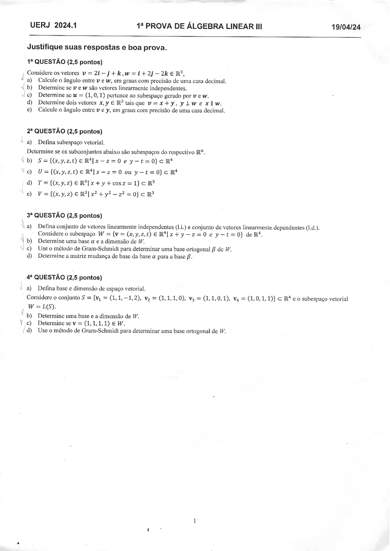 P1 Álgebra Linear III [2024] | Provas Álgebra | Docsity
