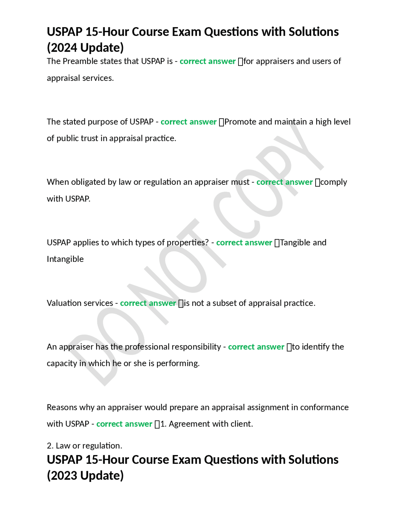 USPAP 15-hour Exam Q&As Latest Update 2024 | Exams Nursing | Docsity