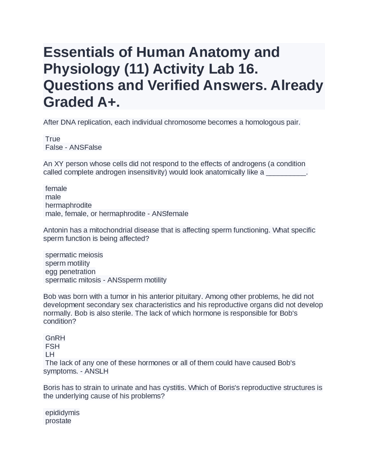Essentials of Human Anatomy and Physiology (11) Activity Lab 16 ...