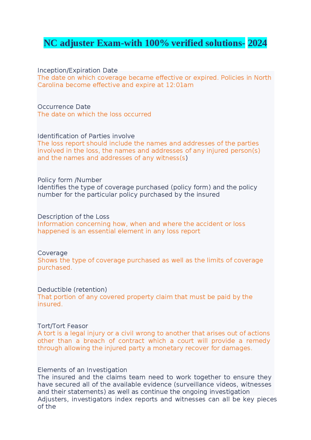 NC adjuster Exam-with 100% verified solutions- 2024.docx | Exams Advanced Education | Docsity