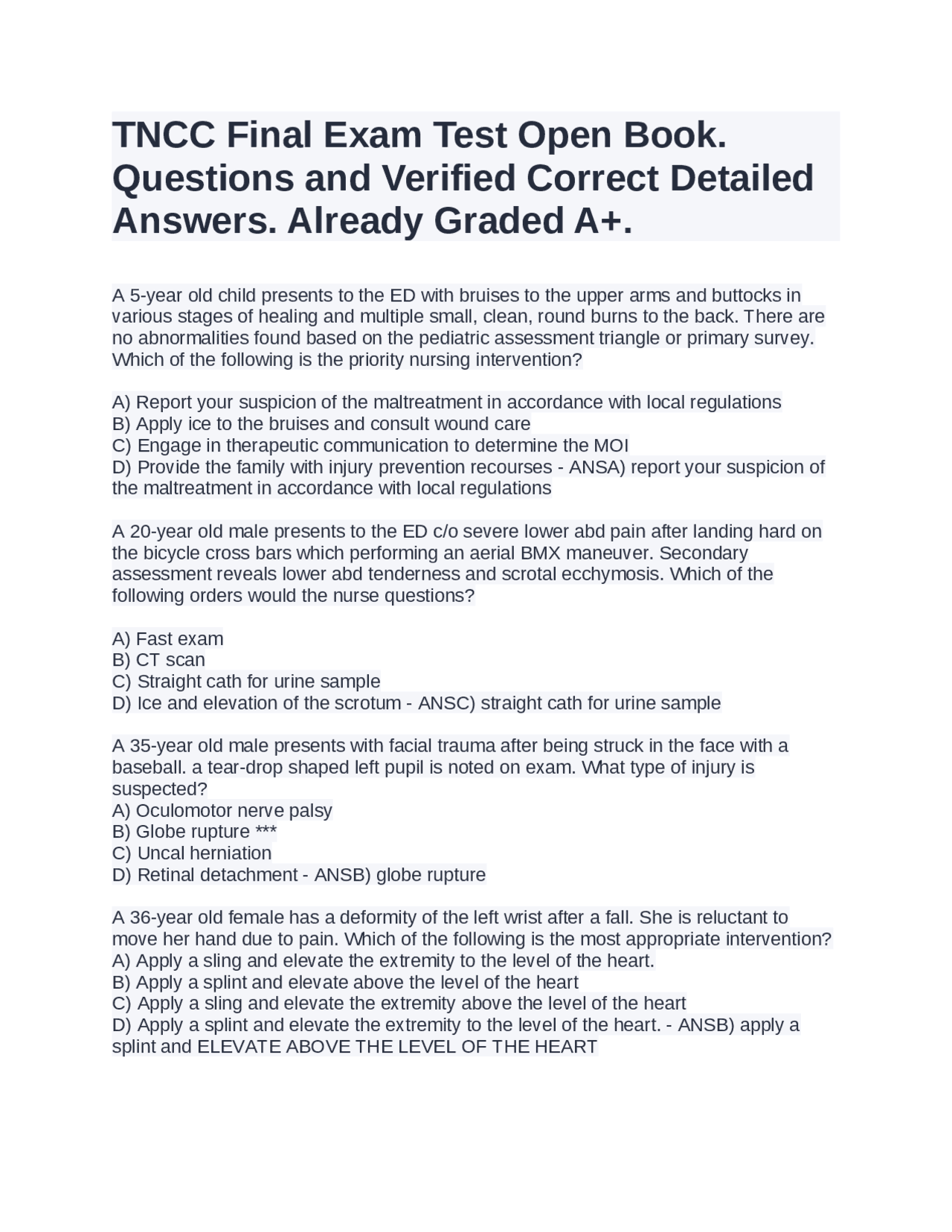 TNCC Final Exam Test Open Book. Questions and Verified Correct Detailed ...