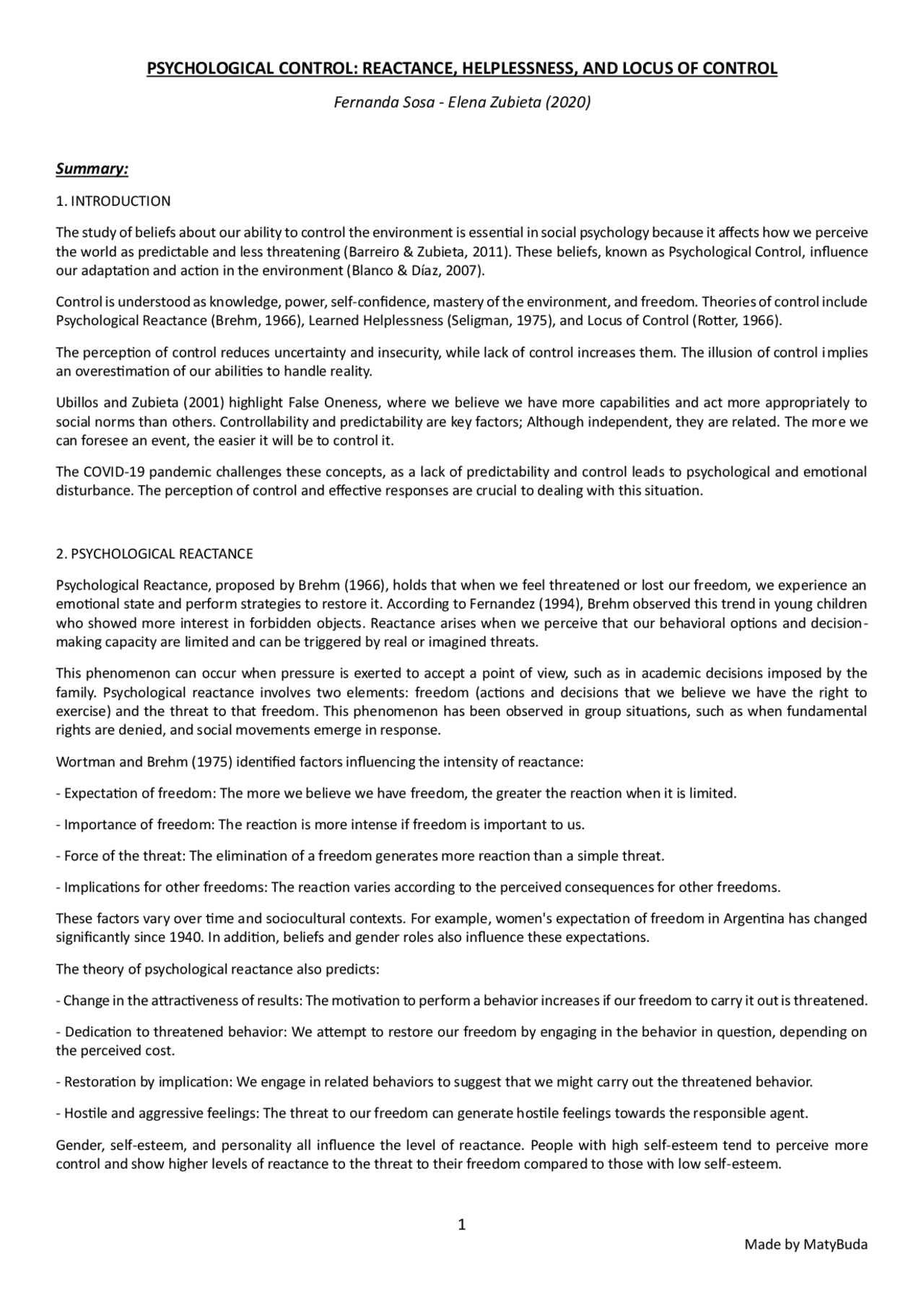 Summary of 'Psychological Control. Reactance, Helplessness, and Locus ...
