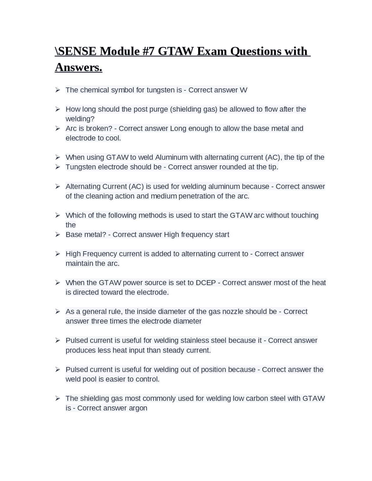 SENSE Module #7 GTAW Exam Questions with Answers. | Exams Physics | Docsity