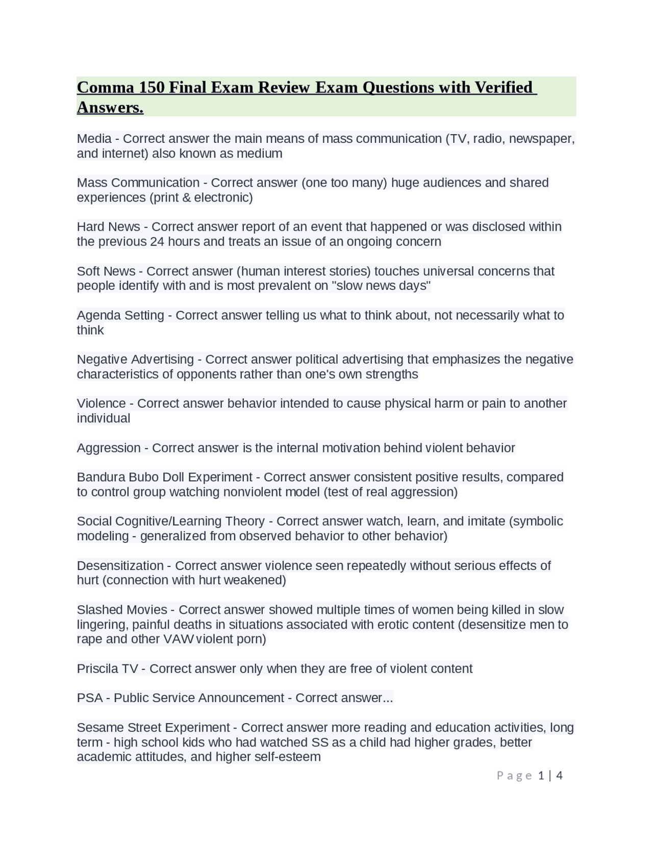 Comm 150 Final Exam Review Exam Questions with Verified Answers. | Exams Communication | Docsity