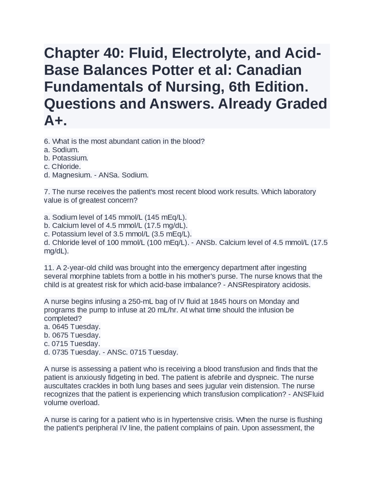 Chapter 40: Fluid, Electrolyte, & Acid-Base Balances Potter et al ...