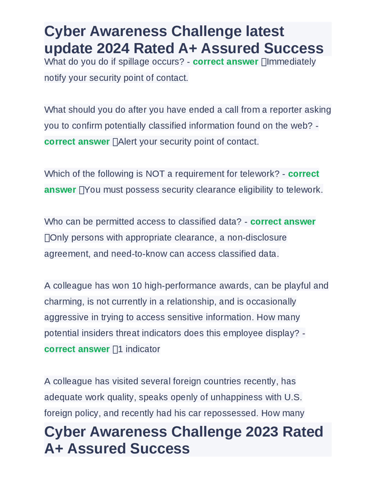 Cyber Awareness Challenge latest update 2024 Rated A+ Assured Success ...