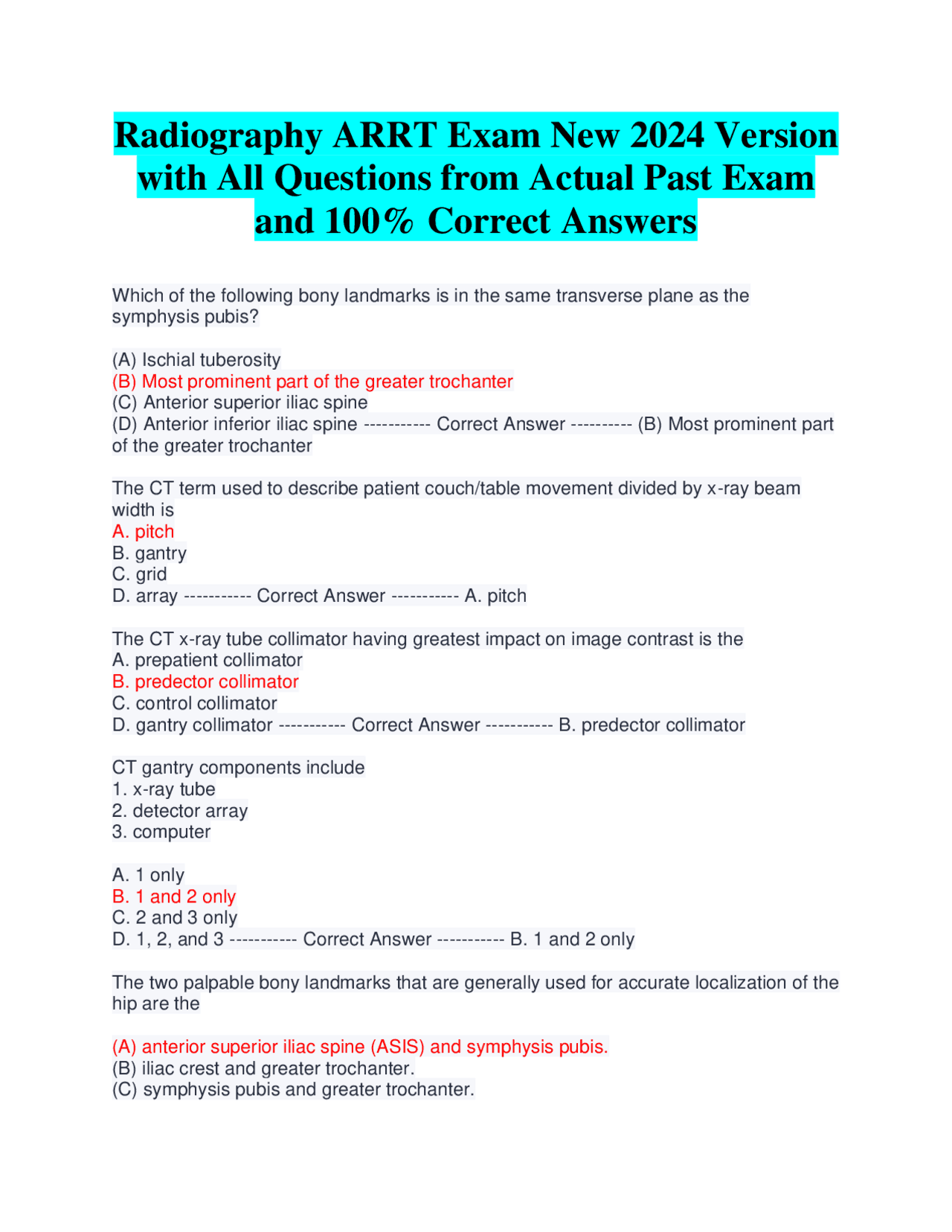 Radiography ARRT Exam New 2024 Version with All Questions from Actual ...