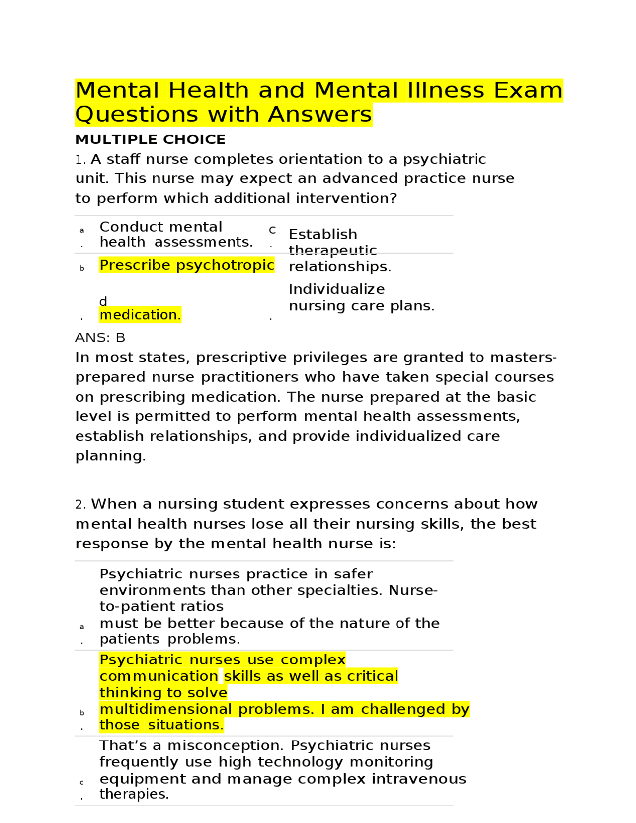 Mental Health and Mental Illness Exam Questions with Answers | Exams ...