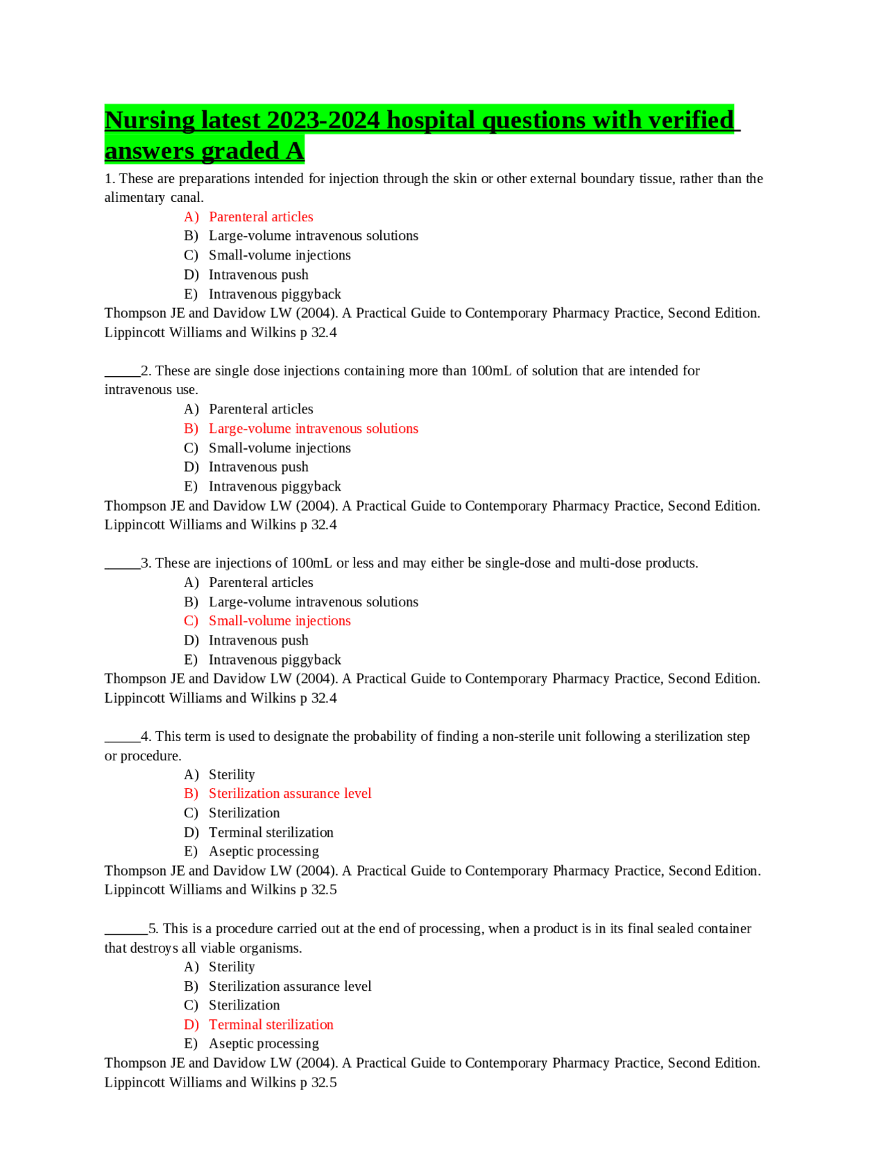 Nursing latest 2023-2024 hospital questions with verified answers ...