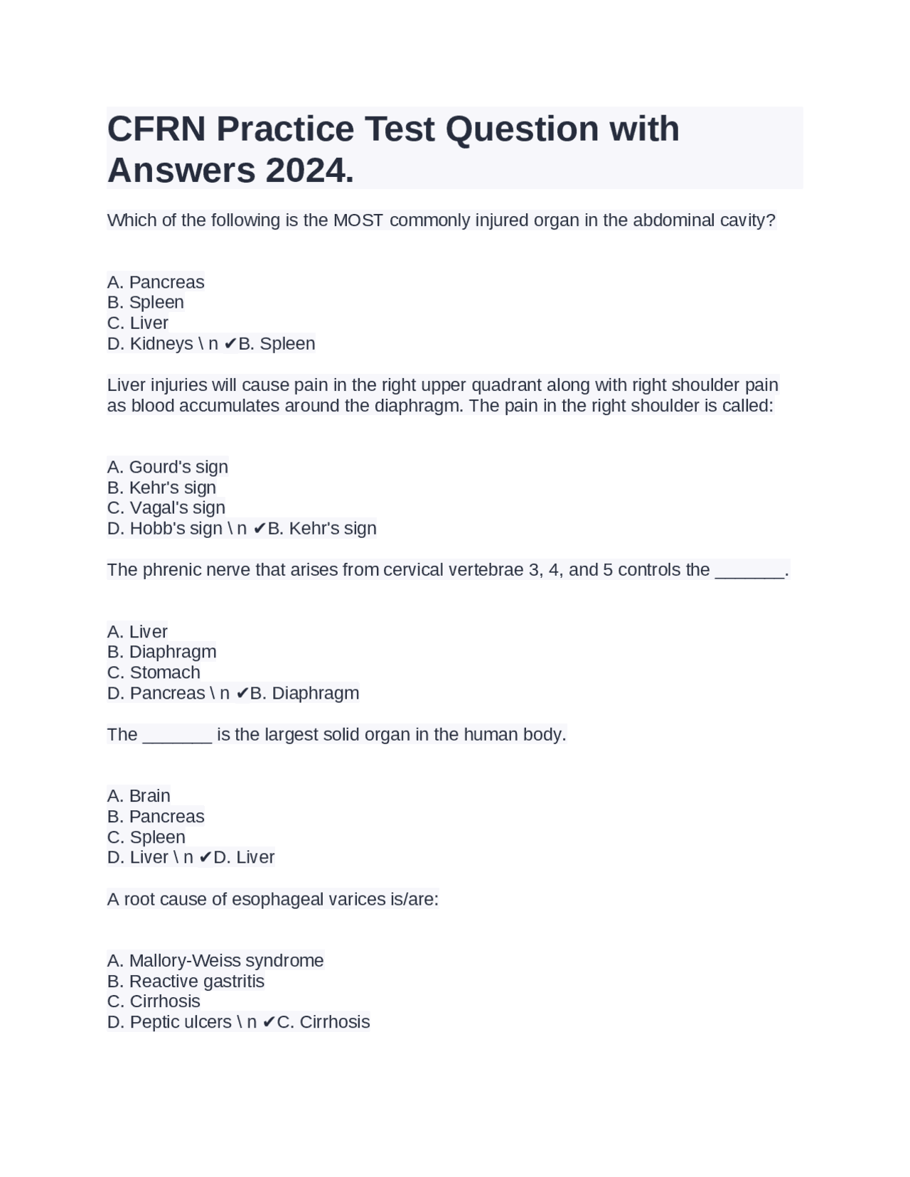 CFRN Practice Test Question with Answers 2024. | Exams Nursing | Docsity