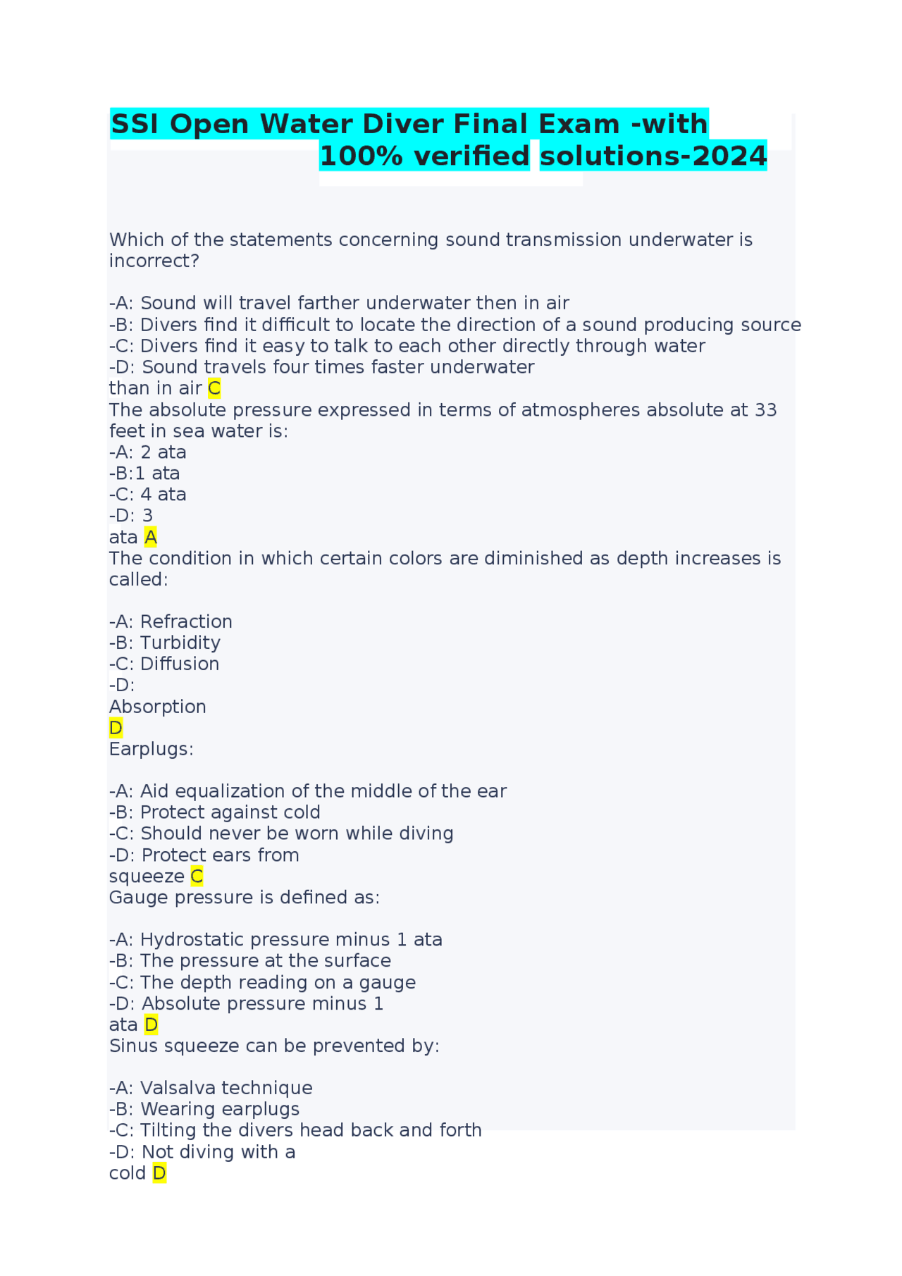 SSI Open Water Diver Final Exam -with 100% verified solutions-2024.docx | Exams Public Health ...
