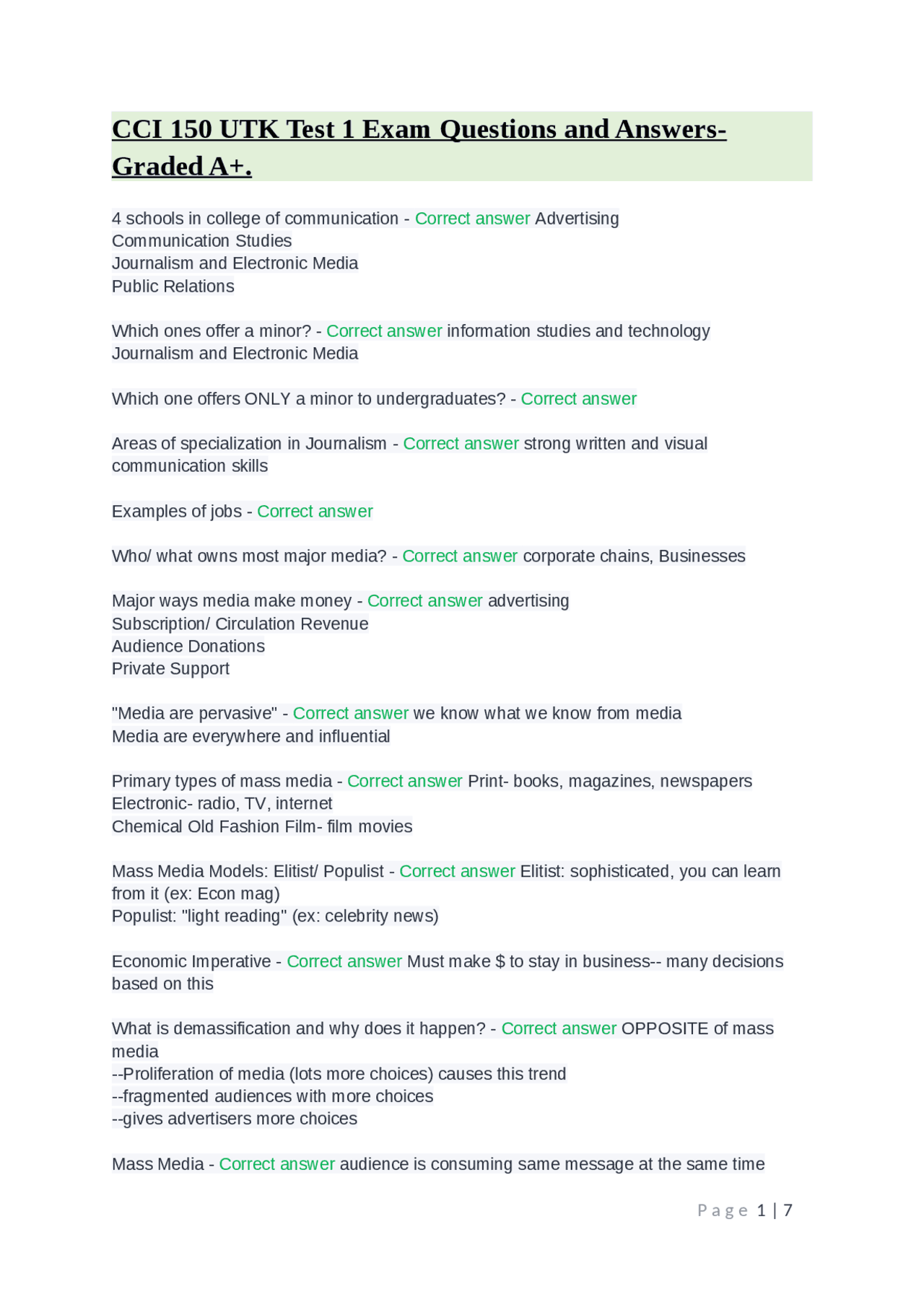 CCI 150 UTK Test 1 Exam Questions and Answers-Graded A+. | Exams ...