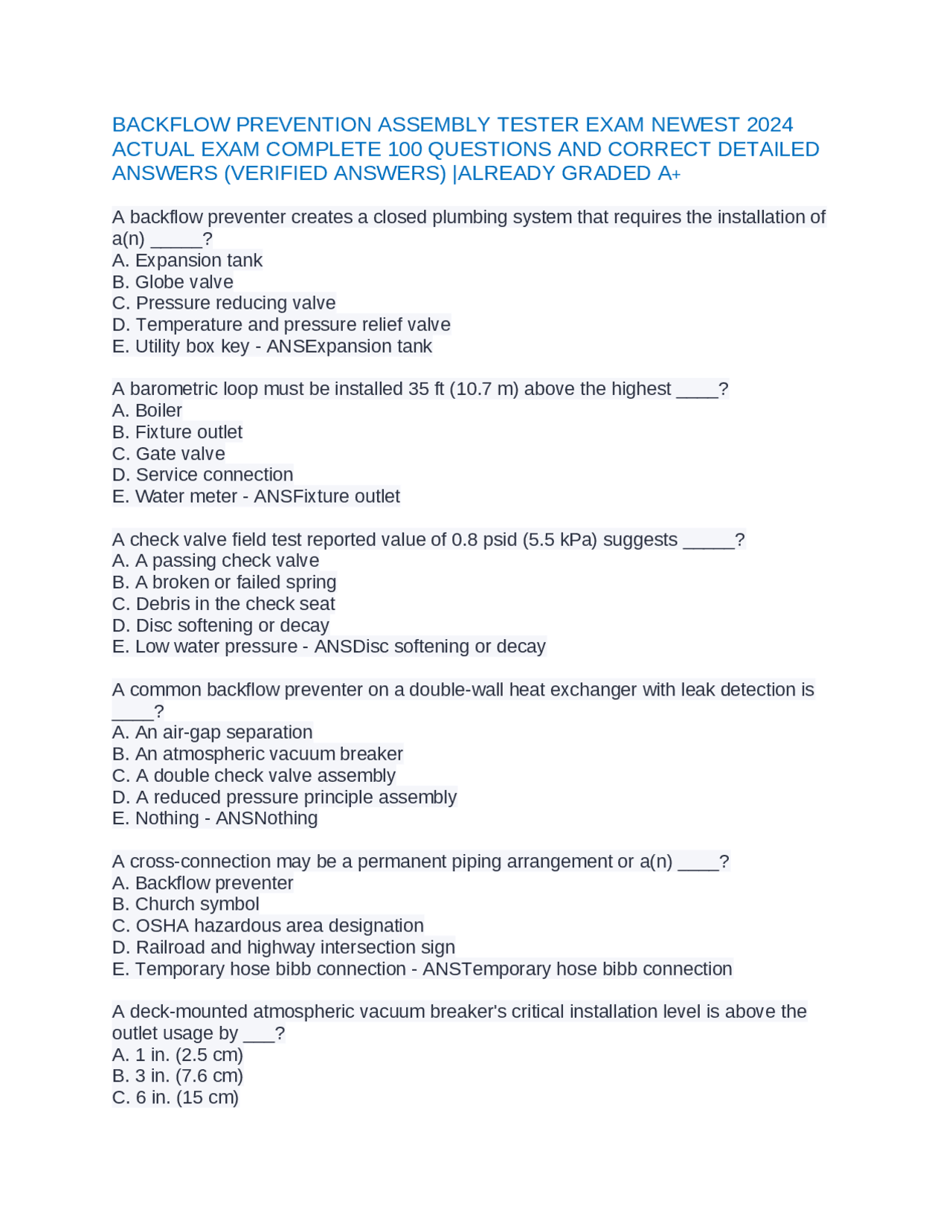 BACKFLOW PREVENTION ASSEMBLY TESTER EXAM NEWEST 2024 ACTUAL EXAM ...