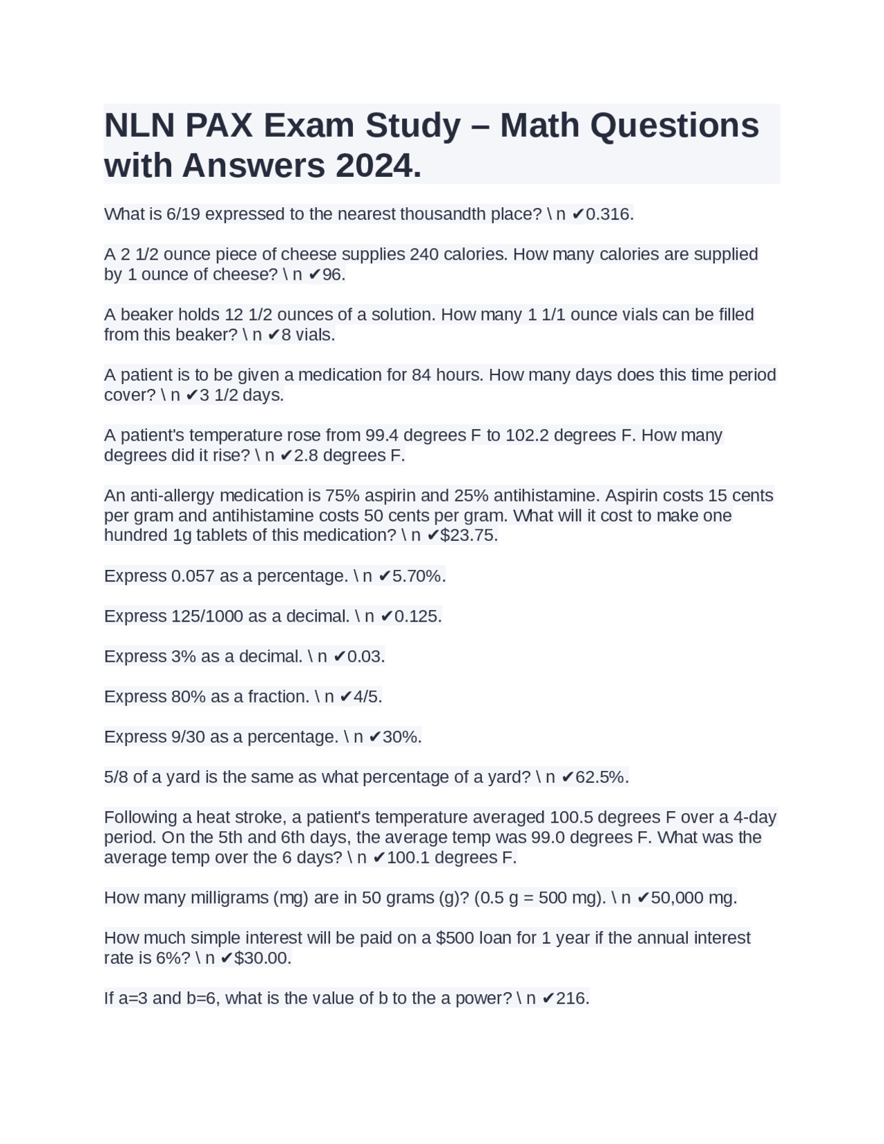 NLN PAX Exam Study – Math Questions with Answers 2024. | Exams Nursing ...