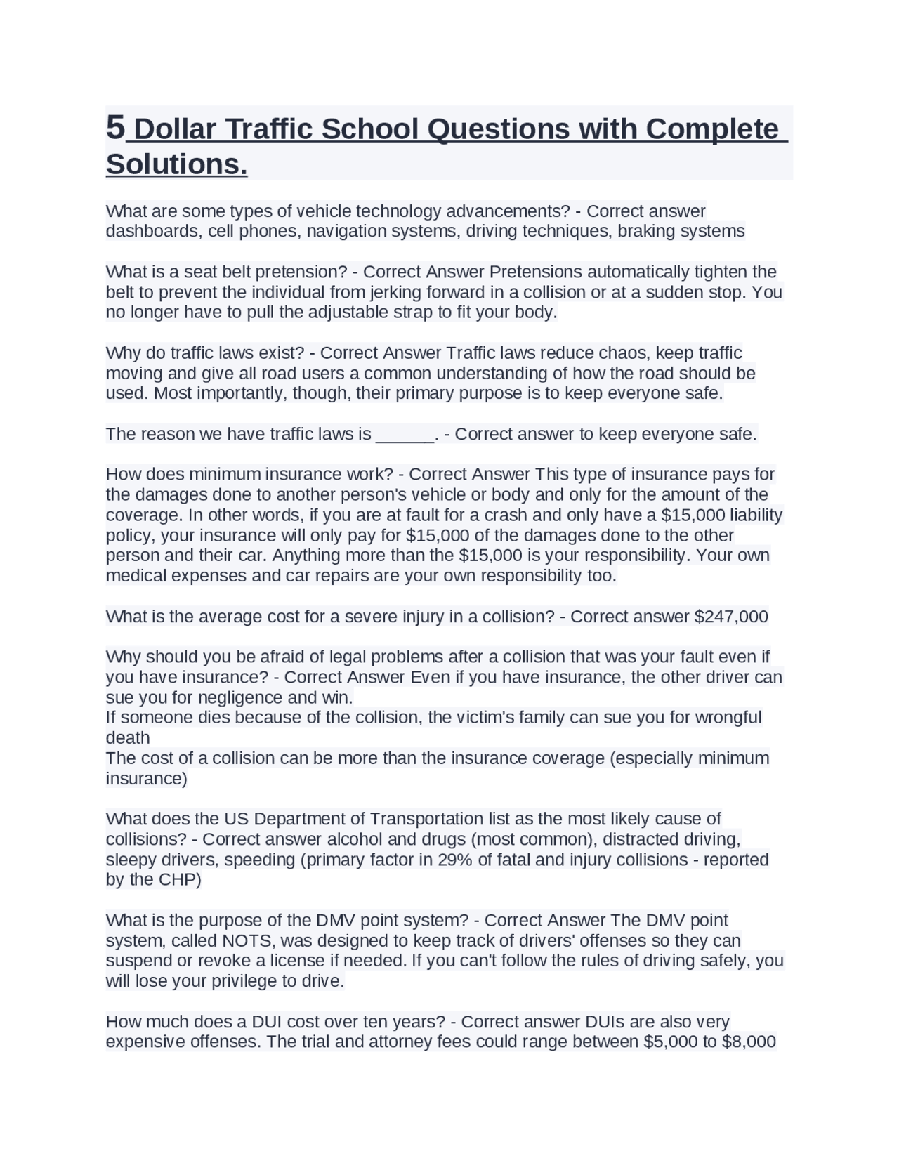 5 Dollar Traffic School Questions With Complete Solutions. | Exams ...