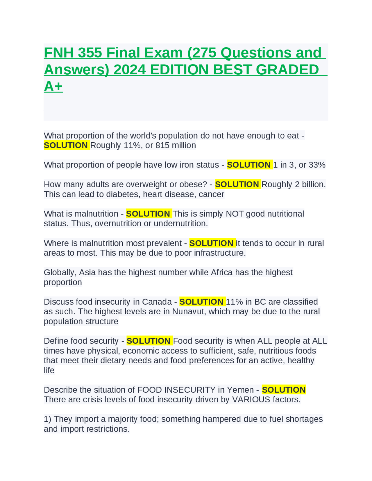 FNH 355 Final Exam (275 Questions and Answers) 2024 EDITION BEST GRADED ...