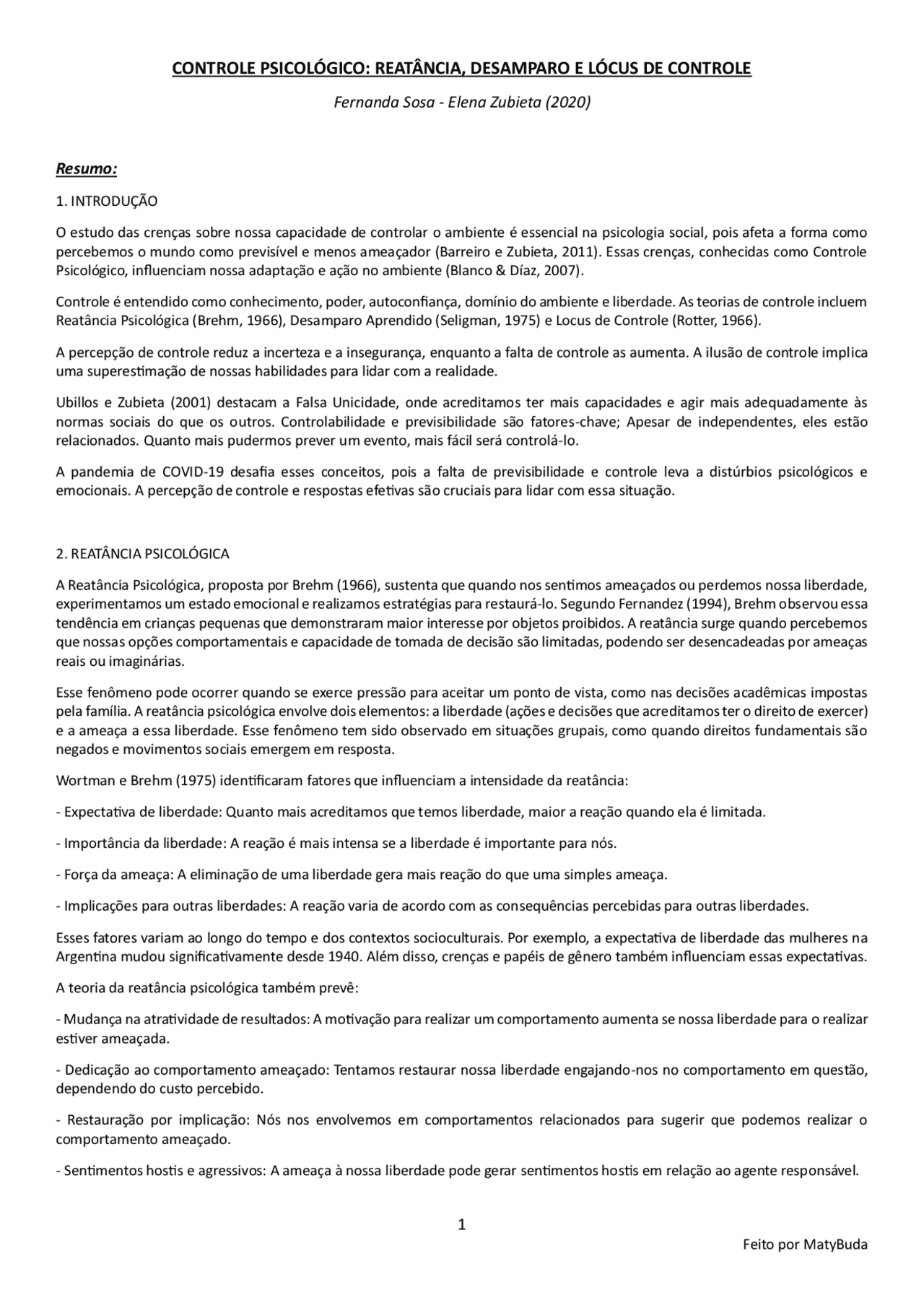 Resumo 'Controle Psicológico. Reatividade, Indefensão e Locus de ...