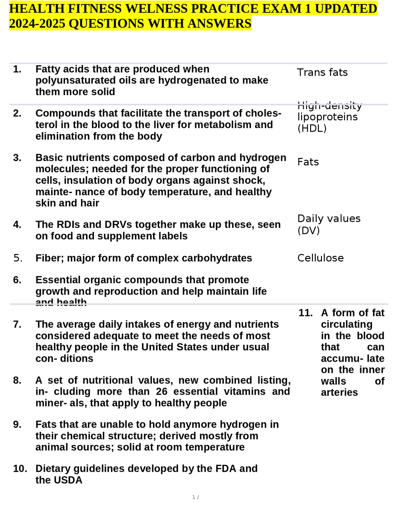 HEALTH FITNESS WELNESS PRACTICE EXAM 1 UPDATED 2024-2025 QUESTIONS WITH ...