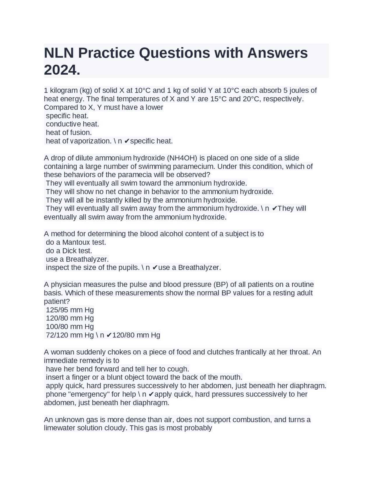 NLN Practice Questions with Answers 2024. | Exams Nursing | Docsity