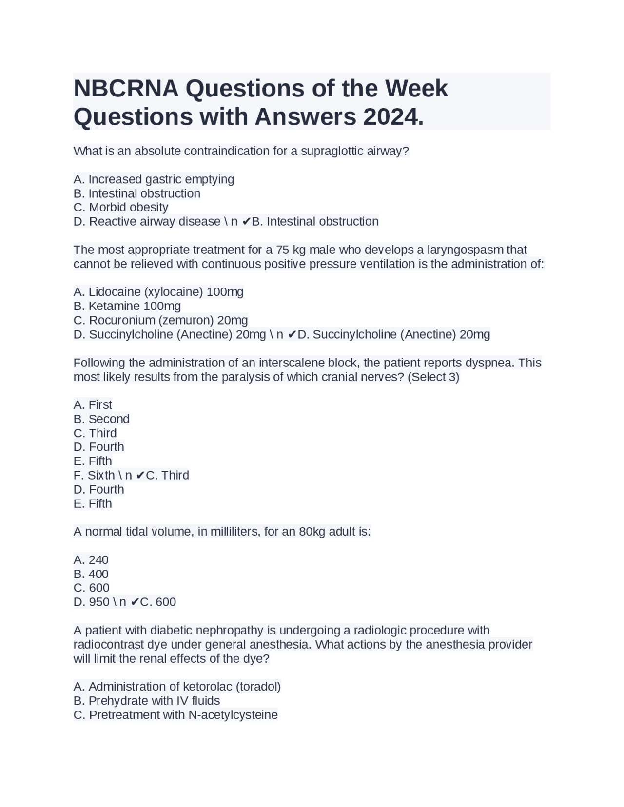 NBCRNA Questions of the Week Questions with Answers 2024. | Exams ...
