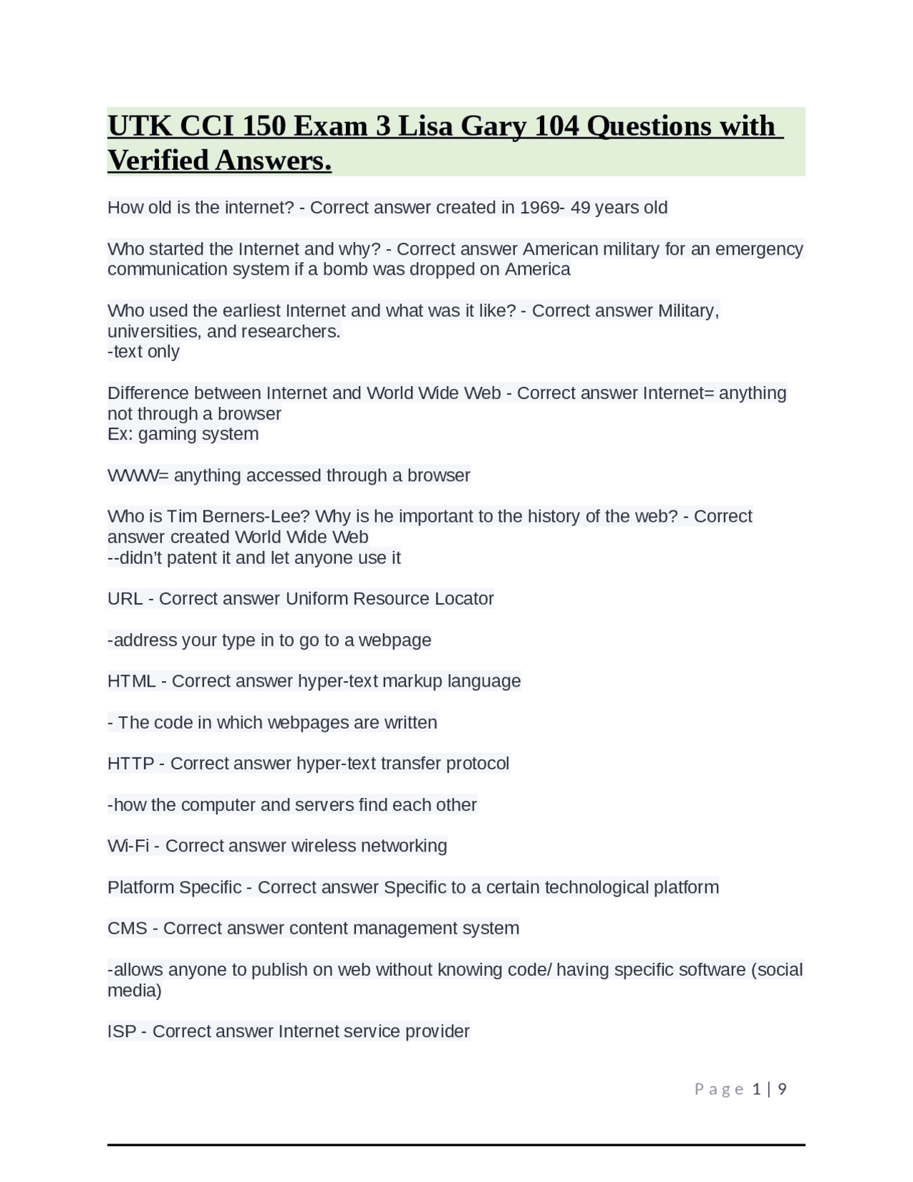 UTK CCI 150 Exam 3 Lisa Gary 104 Questions with Verified Answers ...