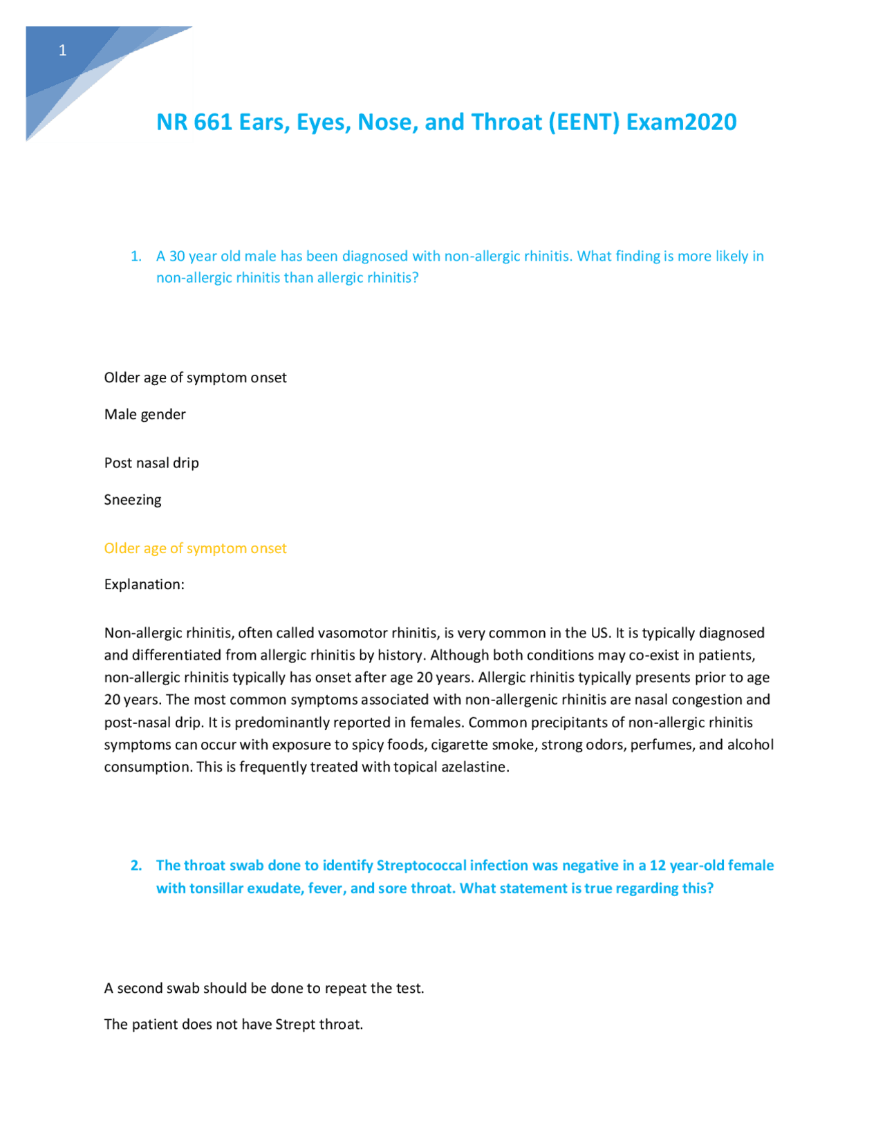 NR 661 Ears, Eyes, Nose, and Throat (EENT) Exam (NEWEST 2024) | Exams ...