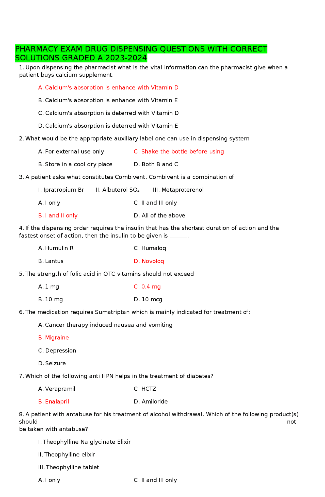 PHARMACY EXAM DRUG DISPENSING QUESTIONS WITH CORRECT SOLUTIONS GRADED A ...