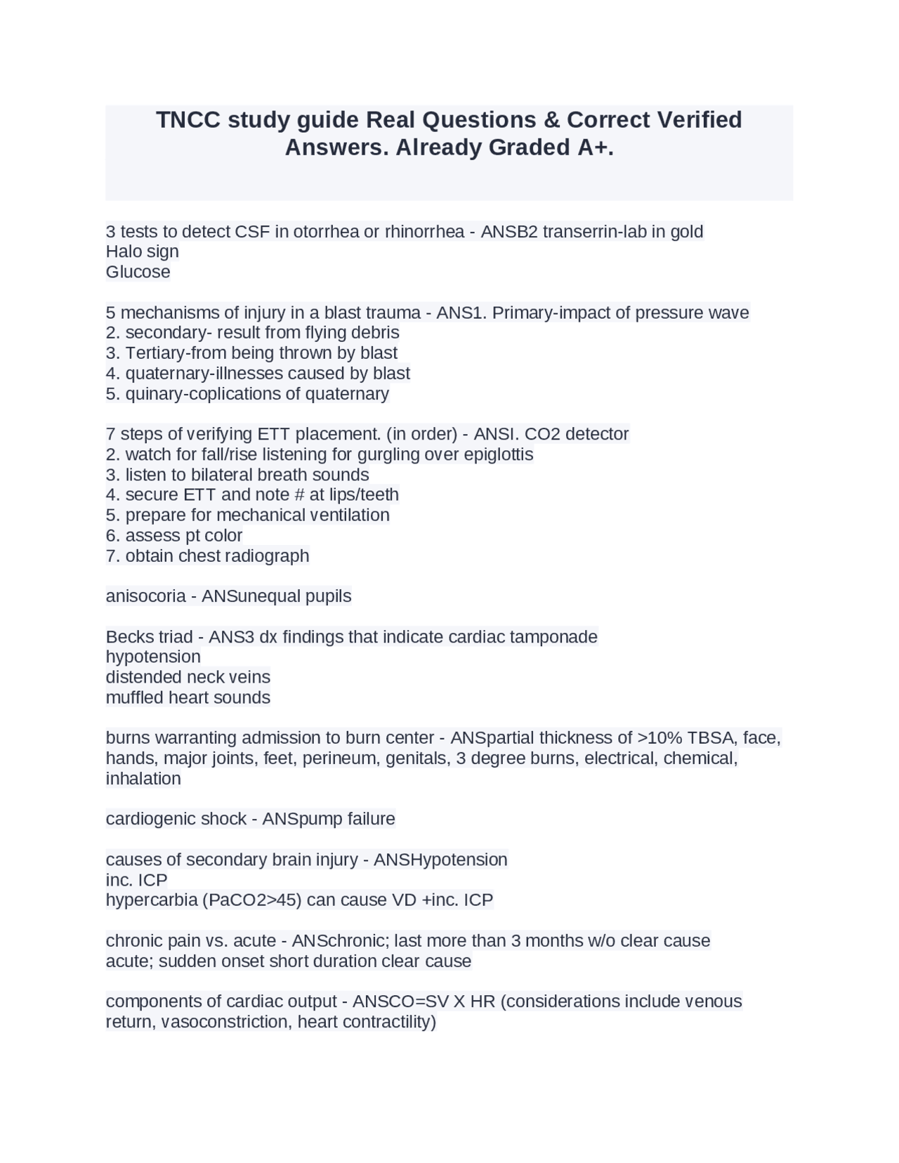 TNCC study guide Real Questions & Correct Verified Answers. Already ...