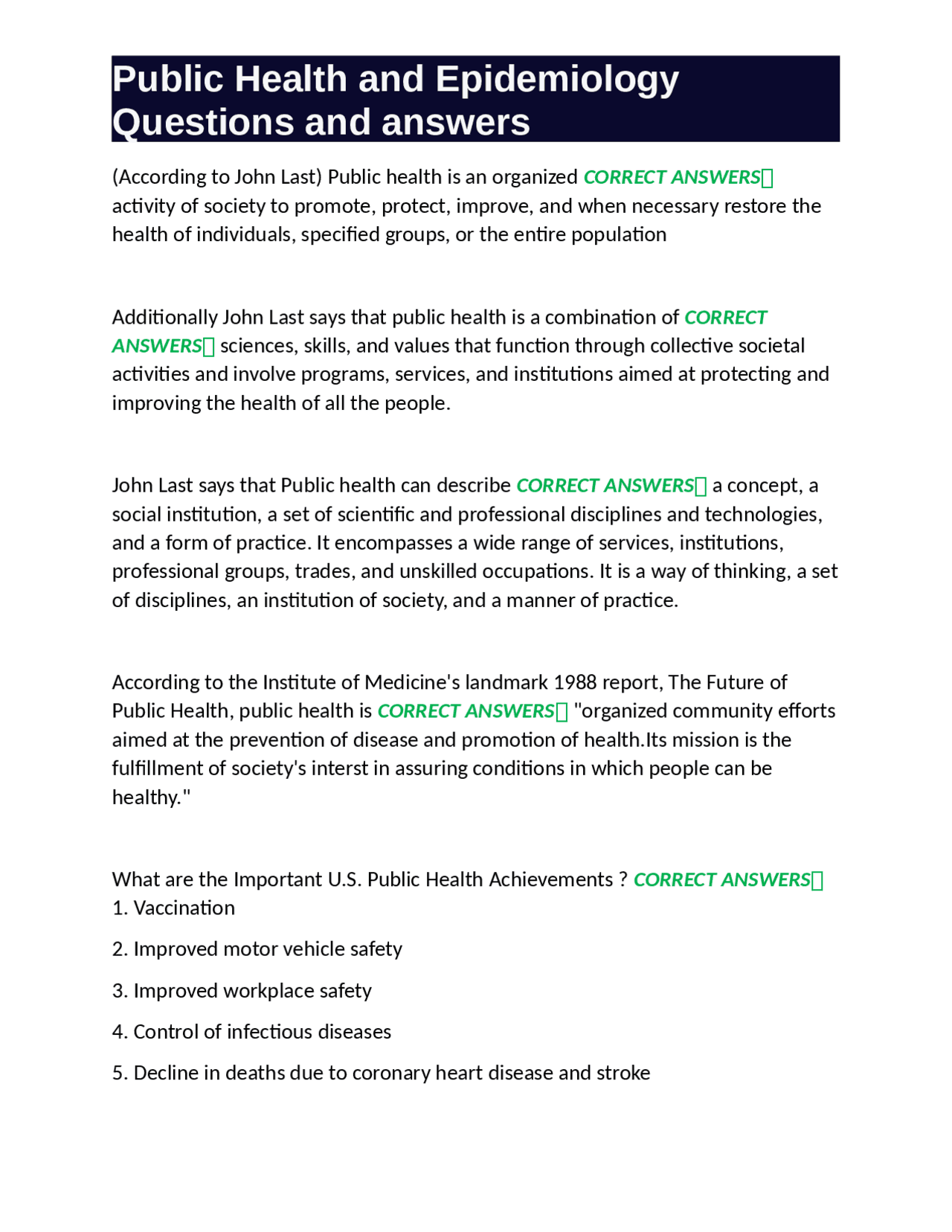 Public Health and Epidemiology Questions and answers | Exams Public Health | Docsity