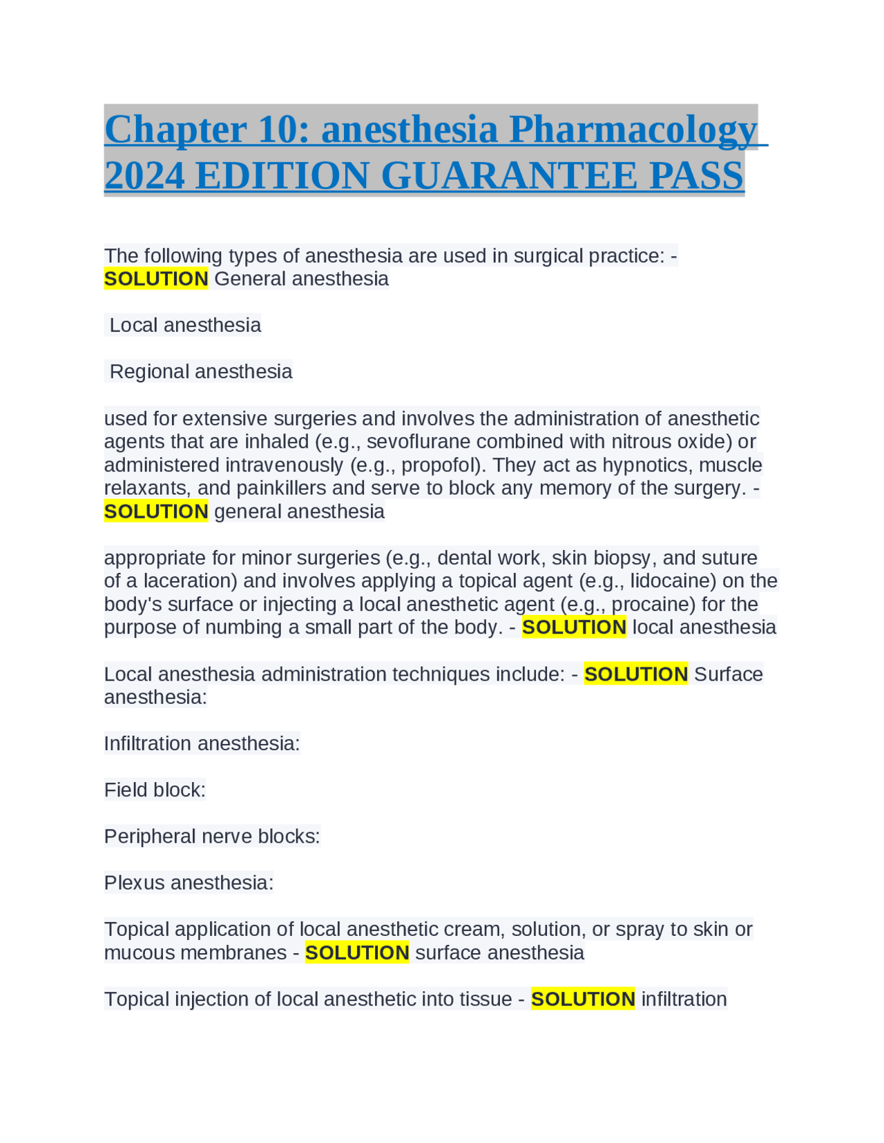 Chapter 10: anesthesia Pharmacology 2024 EDITION GUARANTEE PASS | Exams ...