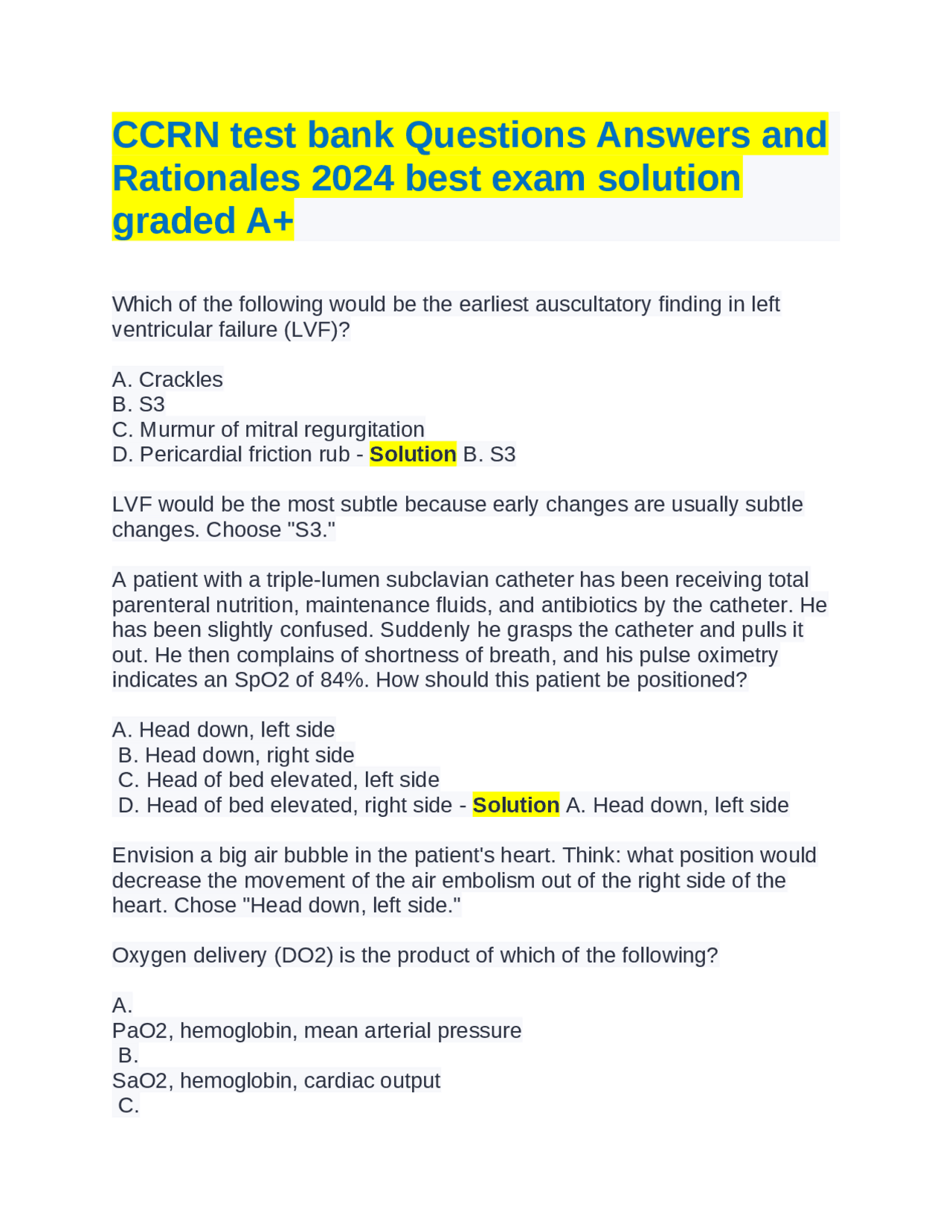 CCRN test bank Questions Answers and Rationales 2024 best exam solution ...
